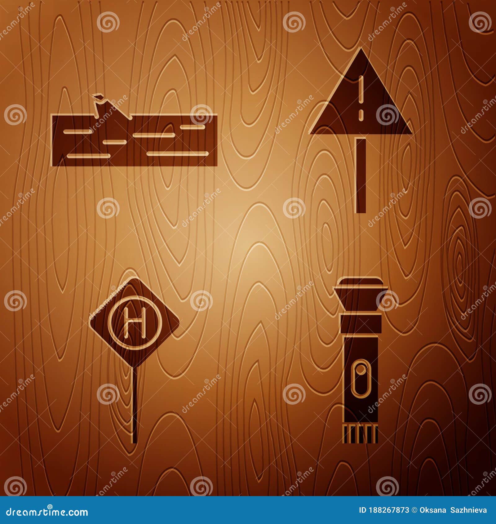 Set Flashlight, Wooden Log, Parking And Exclamation Mark In Triangle On ...