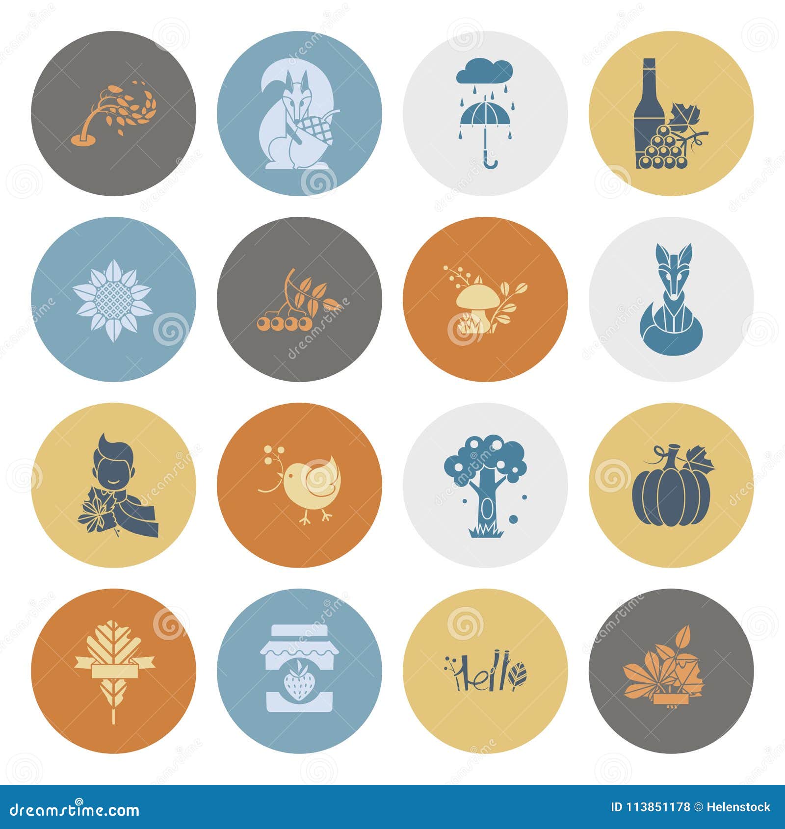 Set of Flat Autumn Icons stock vector. Illustration of leaves - 113851178