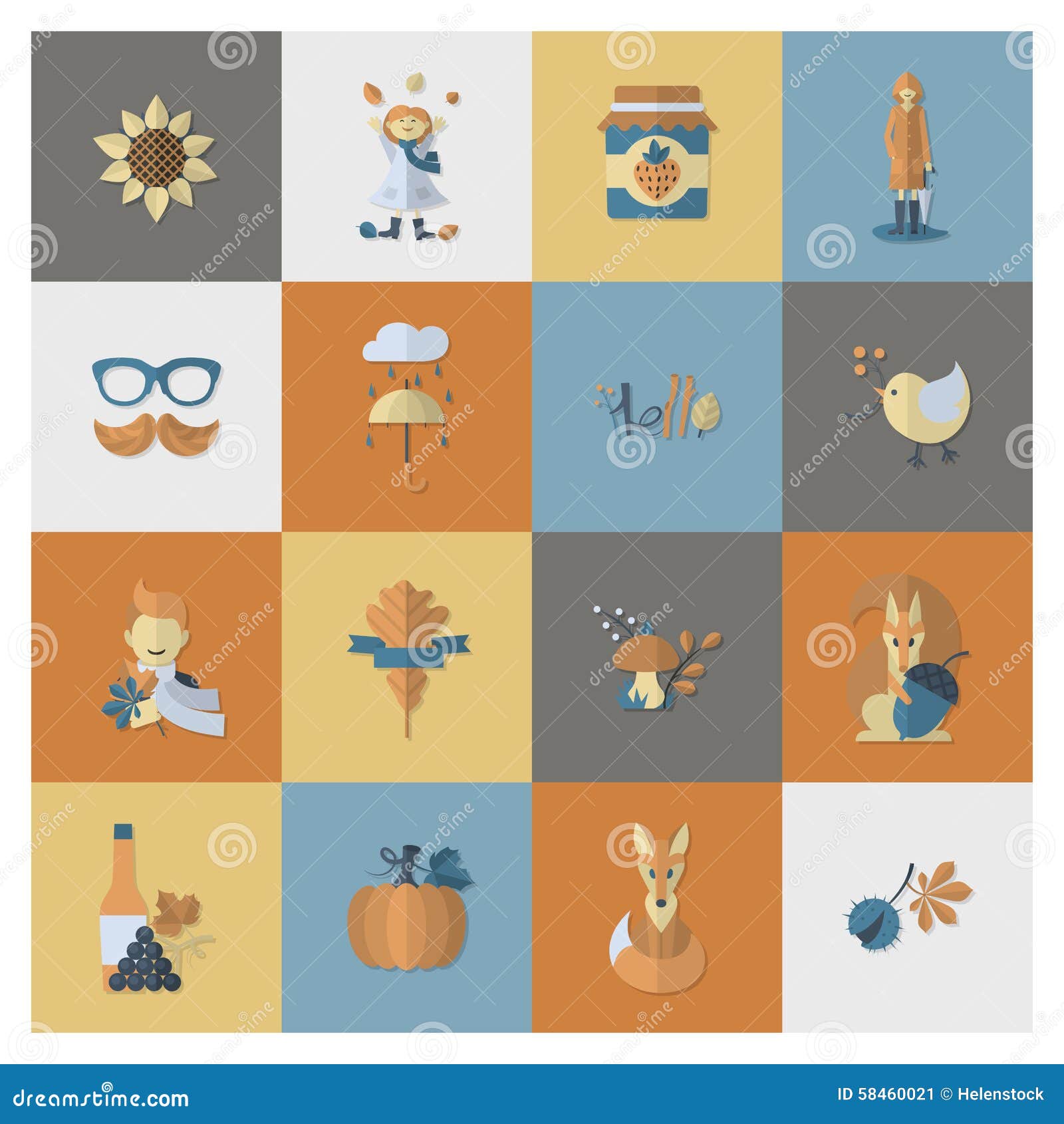 Set of Flat Autumn Icons stock vector. Illustration of leaf - 58460021