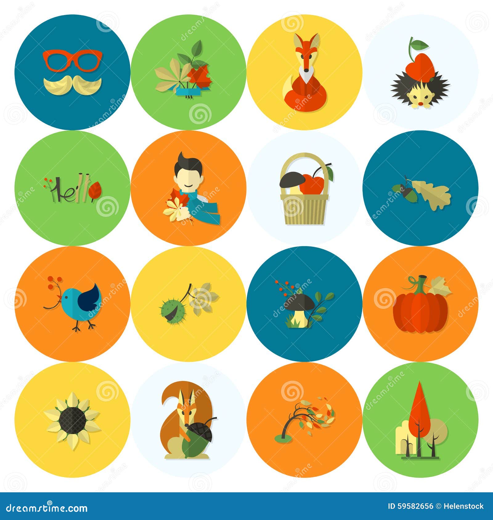 Set of Flat Autumn Icons stock vector. Illustration of leaves - 59582656