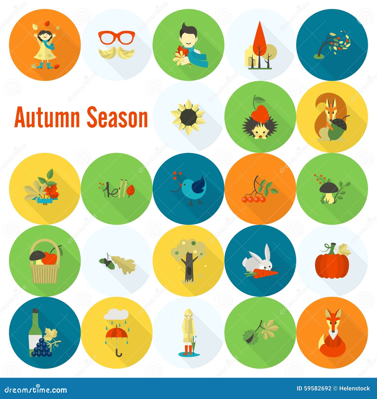 Set of Flat Autumn Icons stock vector. Illustration of leaves - 59582692