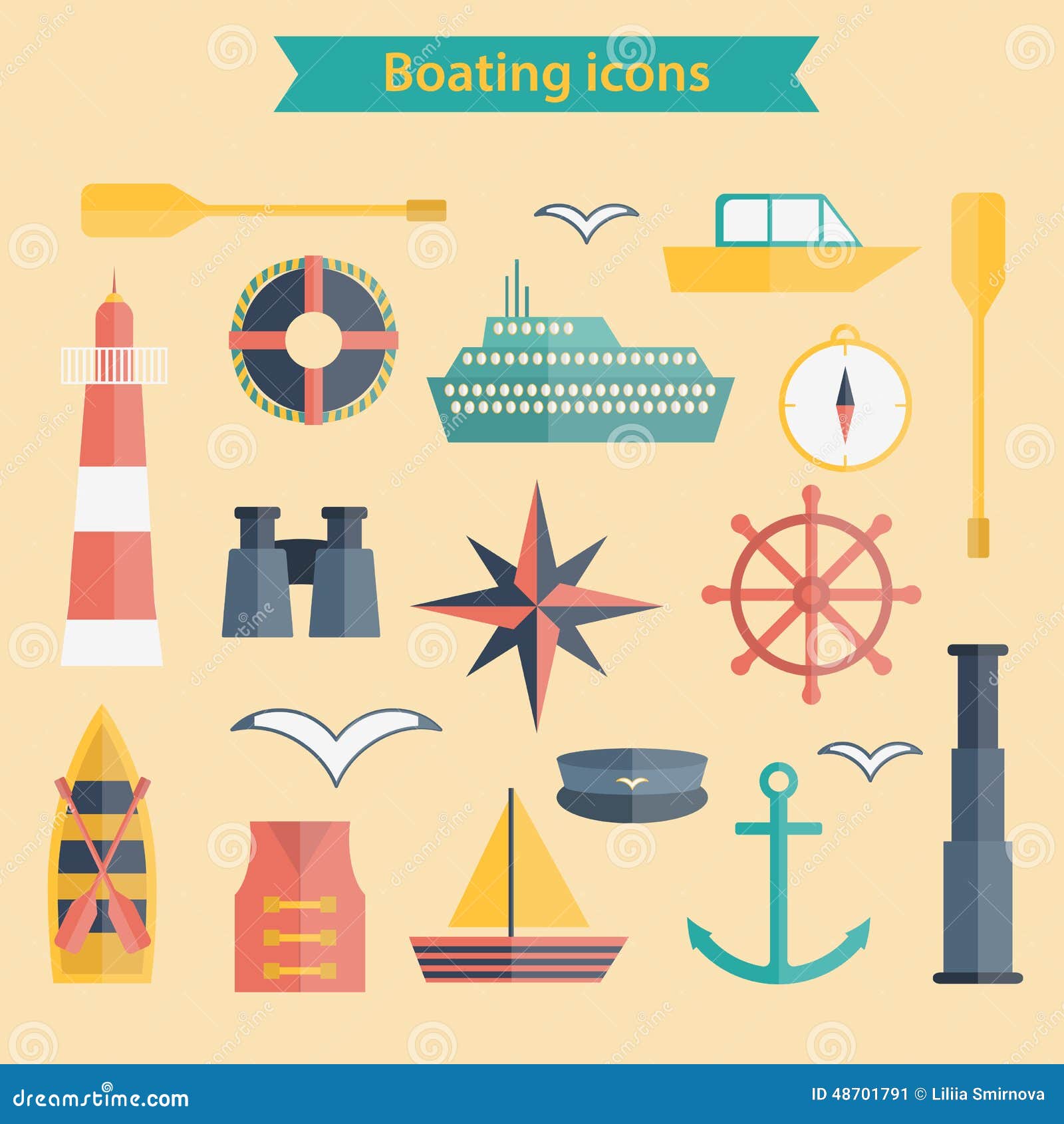 Set of flat boating icons stock vector. Illustration of anchor - 48701791