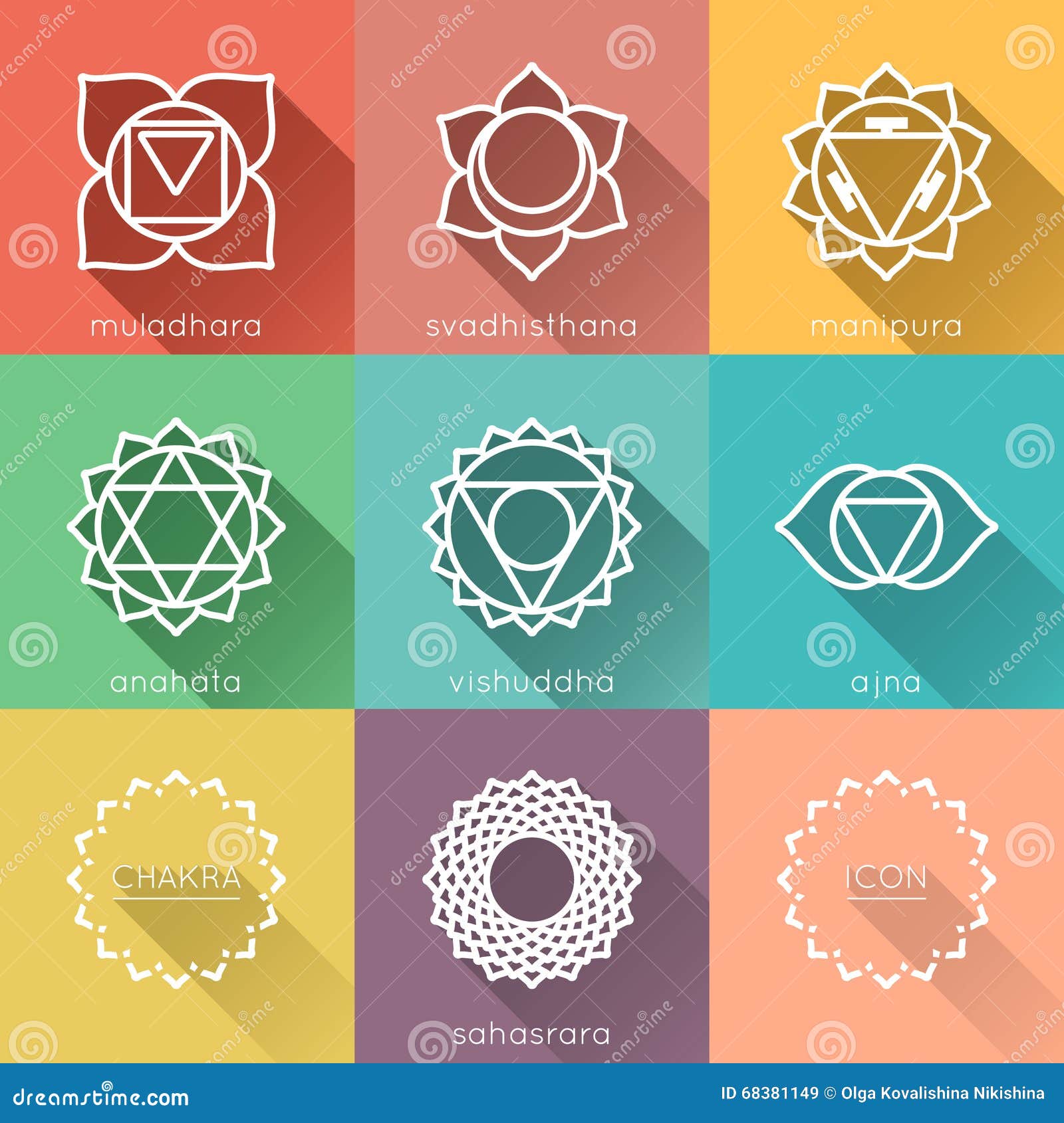 Set of Flat Chakras Icons with Shadow Stock Vector - Illustration of abstract, mandala: 68381149