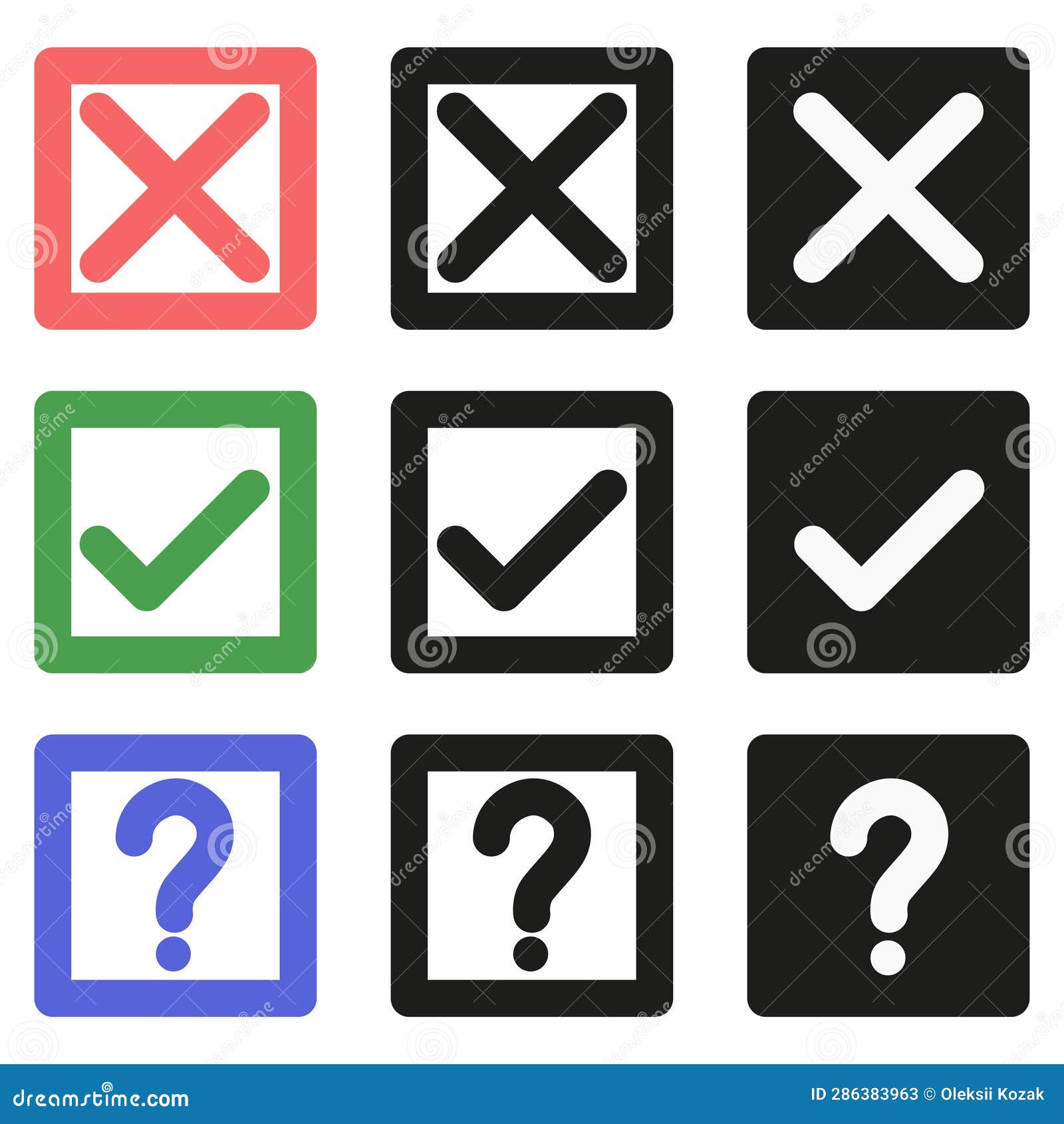 A Set of Flat Checks and Crosses and a Question Mark in a Square ...