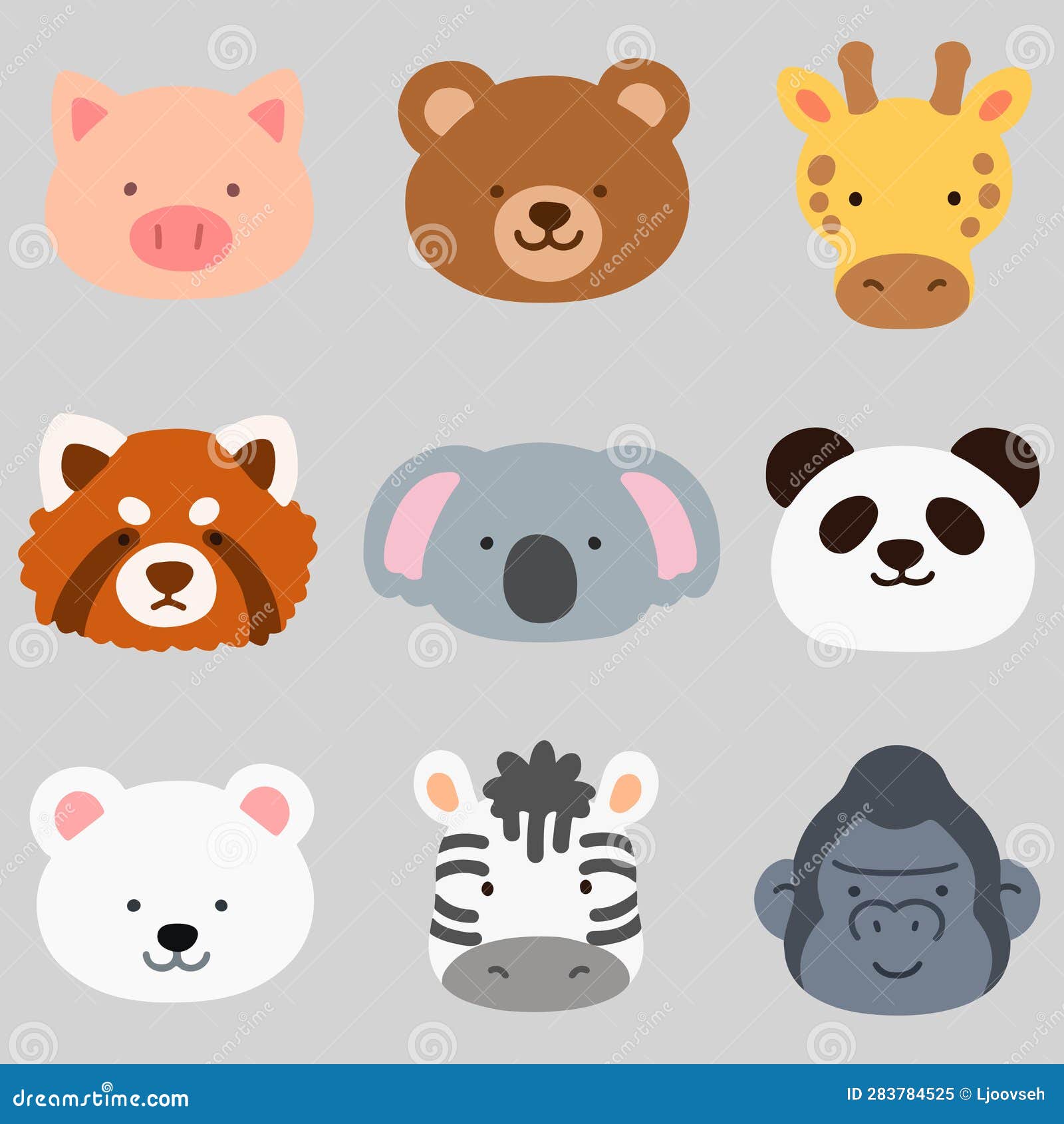 Set of Flat Colored Cute and Simple Animal Faces Stock Vector ...