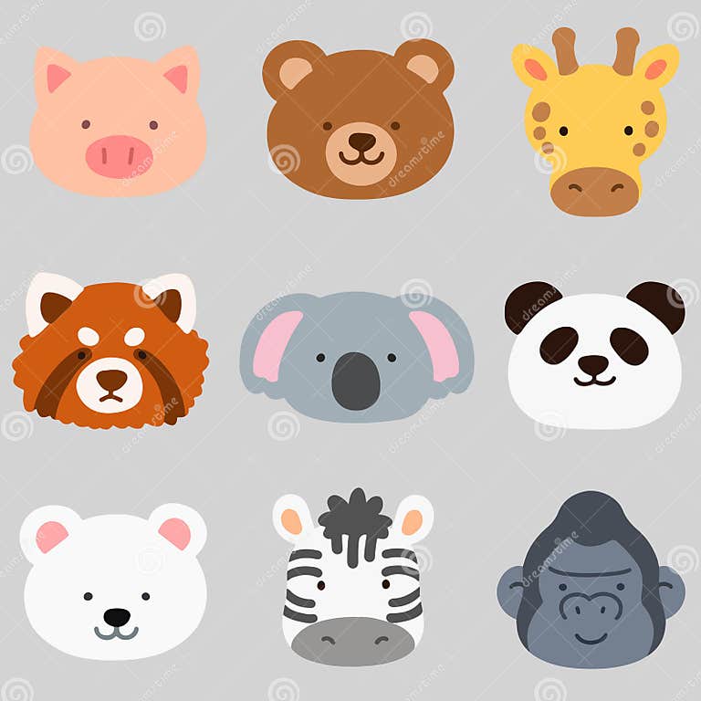 Set of Flat Colored Cute and Simple Animal Faces Stock Vector ...