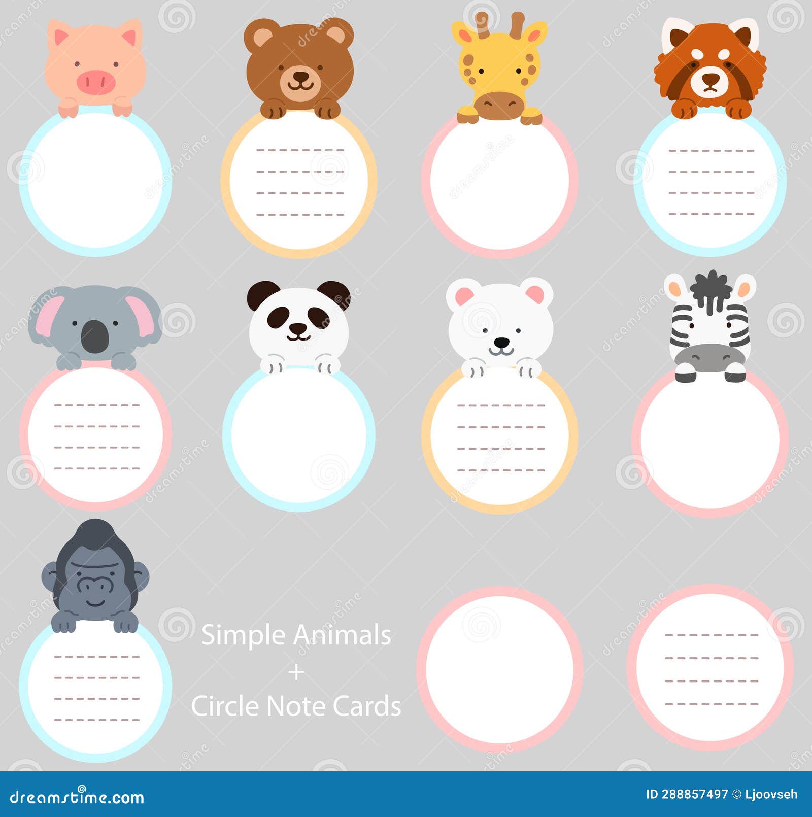 Set of Flat Colored Cute and Simple Animals Holding a Circle Note Cards ...