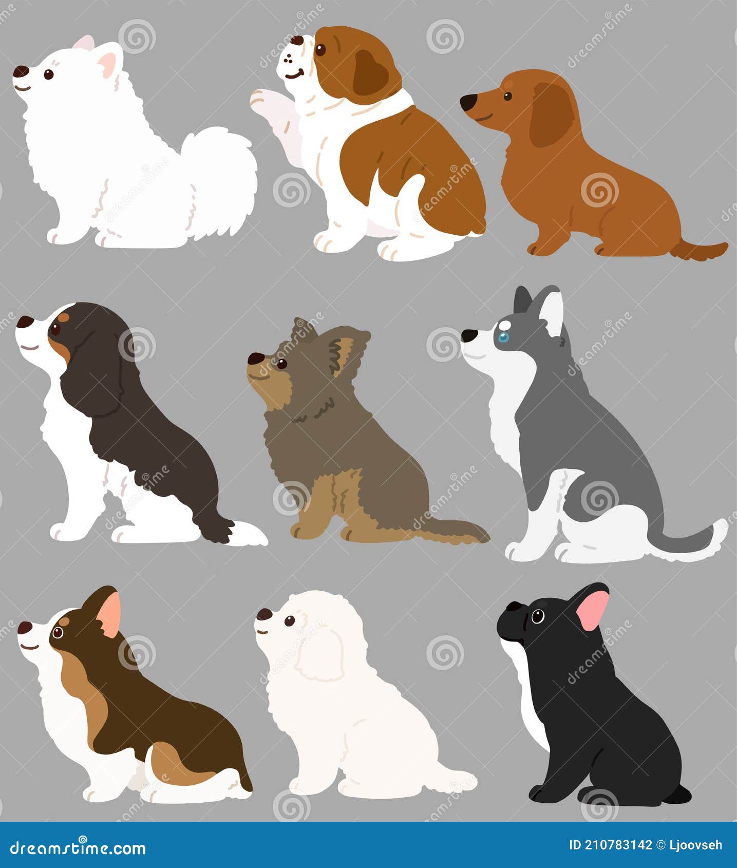 Set of Flat Colored Cute and Simple Dogs Sitting in Side View Stock ...