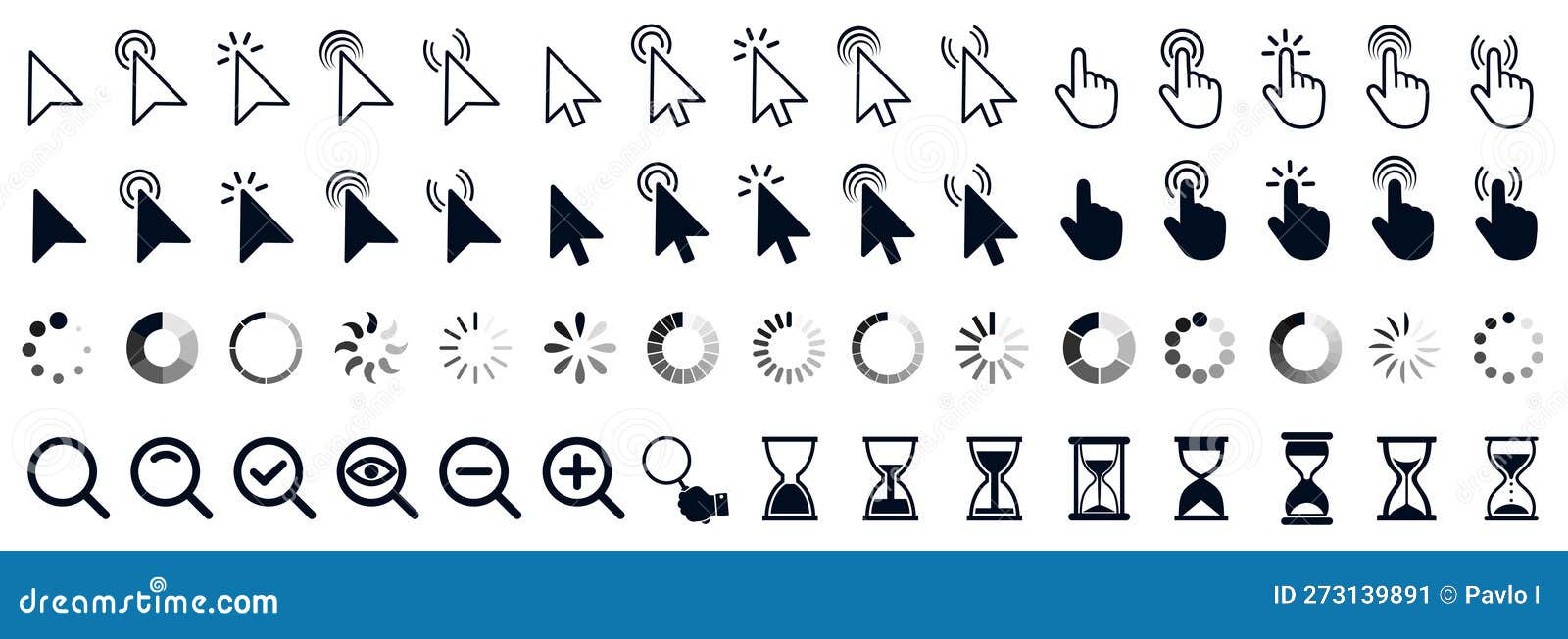 Set of Flat Cursor Icons in Hand and Arrow Form. Mouse Click Cursor Set. Arrow and Hand Pointer ...
