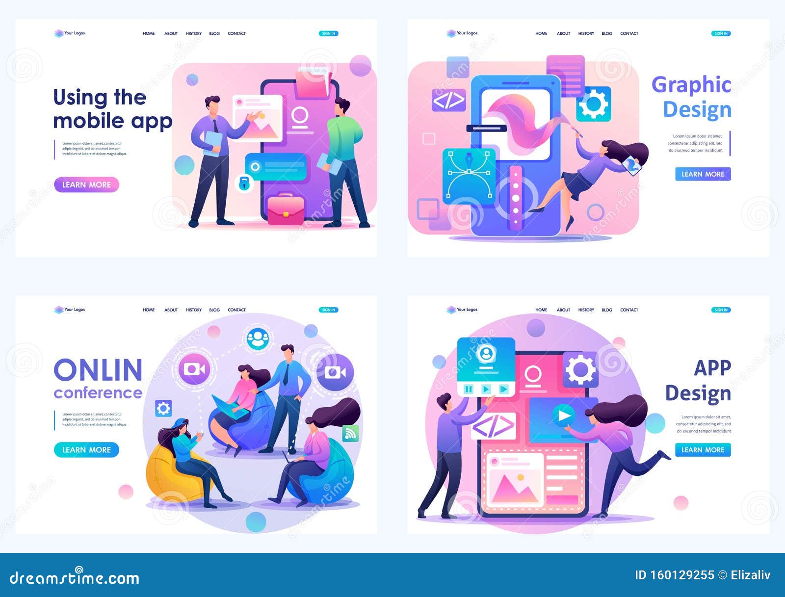 Set Flat 2d Concepts Online Conference Using Mobile App App Design Graphic Design For