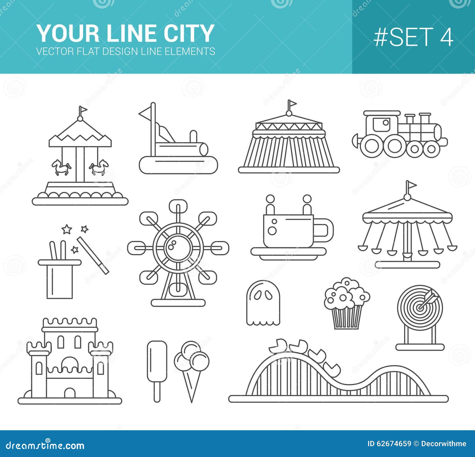Set of Flat Design Amusement Park Line Icons Stock Vector ...