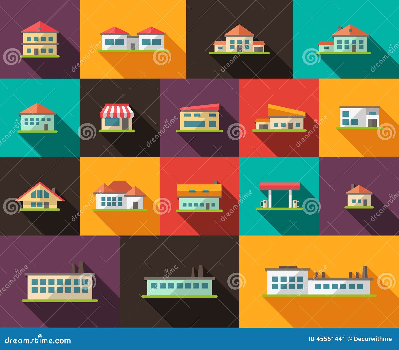Set of Flat Design Buildings Pictograms Stock Vector - Illustration of ...