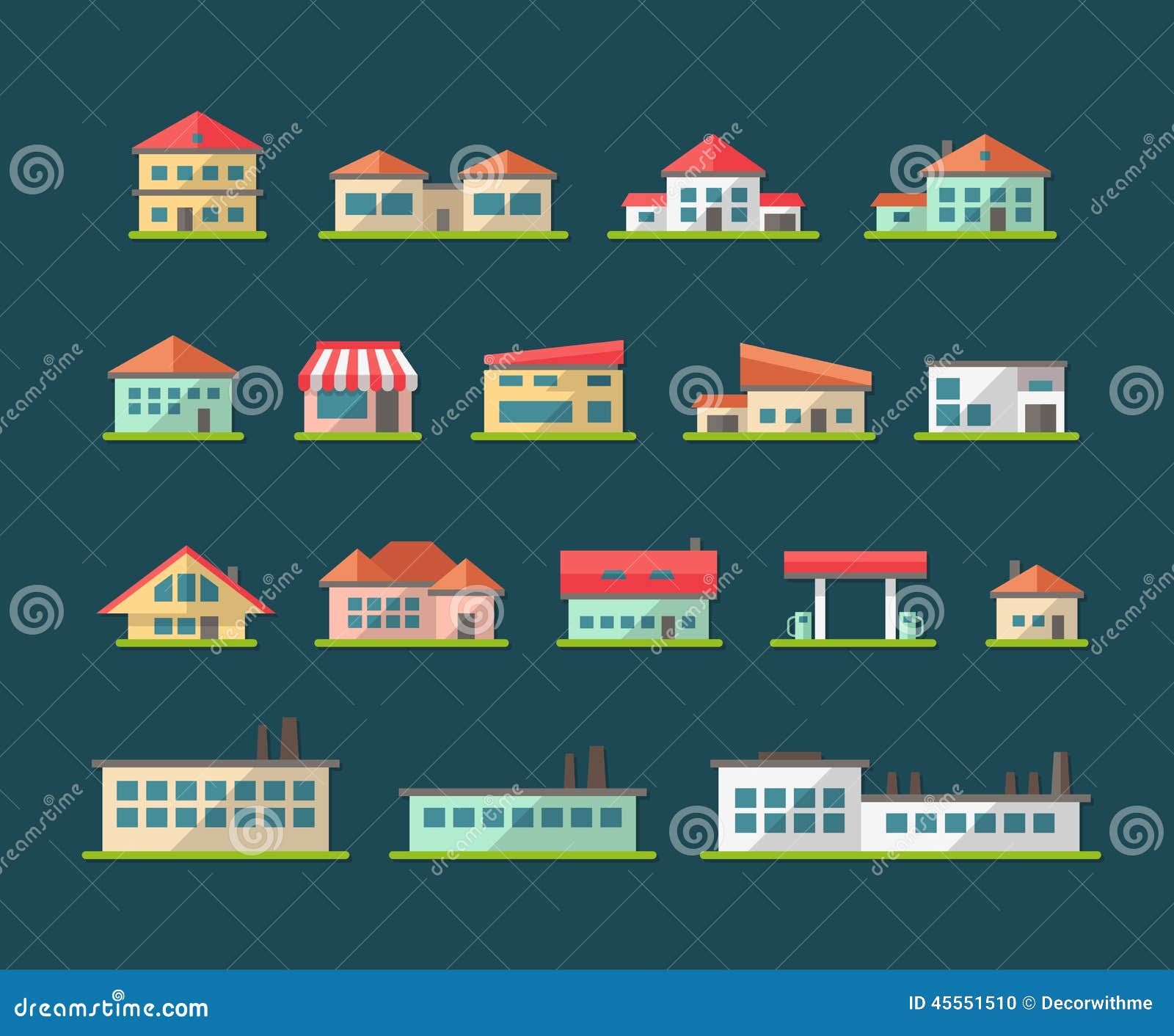 Set of Flat Design Buildings Pictograms Stock Vector - Illustration of ...