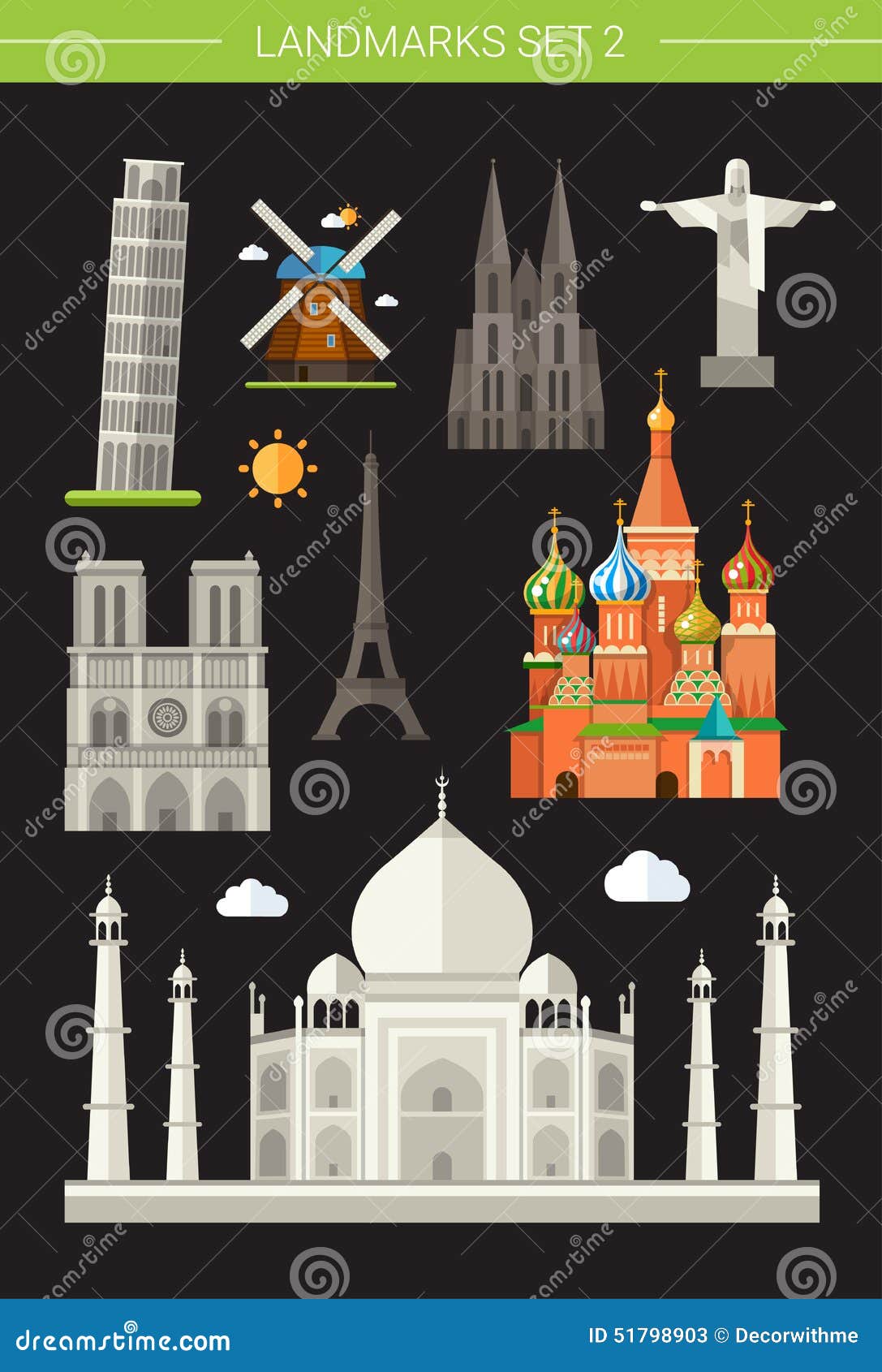 Set of Flat Design Famous World Landmarks Icons Stock Vector ...
