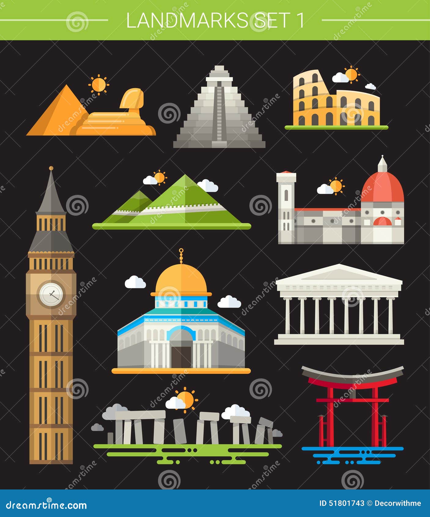 Set of Flat Design Famous World Landmarks Icons Stock Vector ...