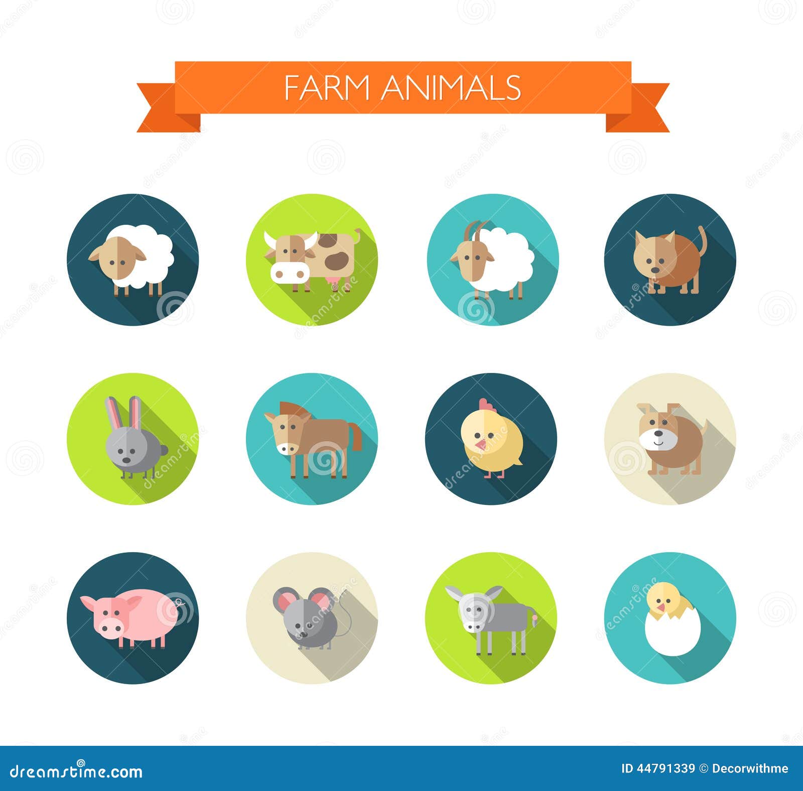 Set of Flat Design Icons with Farm Animals Stock Vector - Illustration ...
