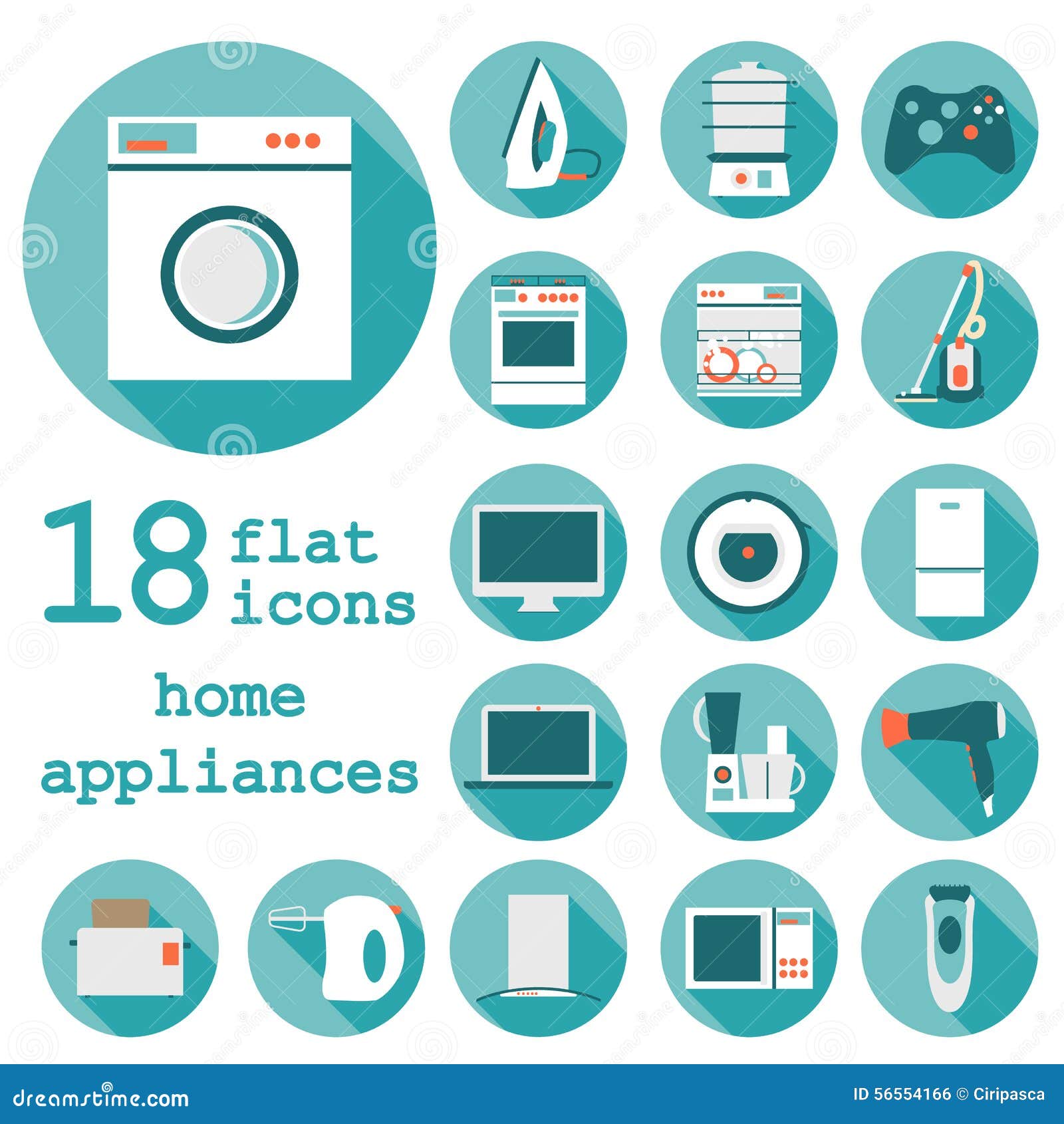 Set Flat Design Icons of Home Appliances with Long Stock Vector ...