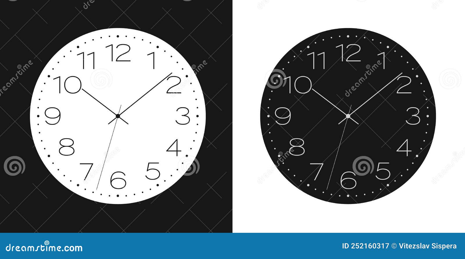 Set Flat Design Illustration of Light and Dark Clock Face with Numbers ...