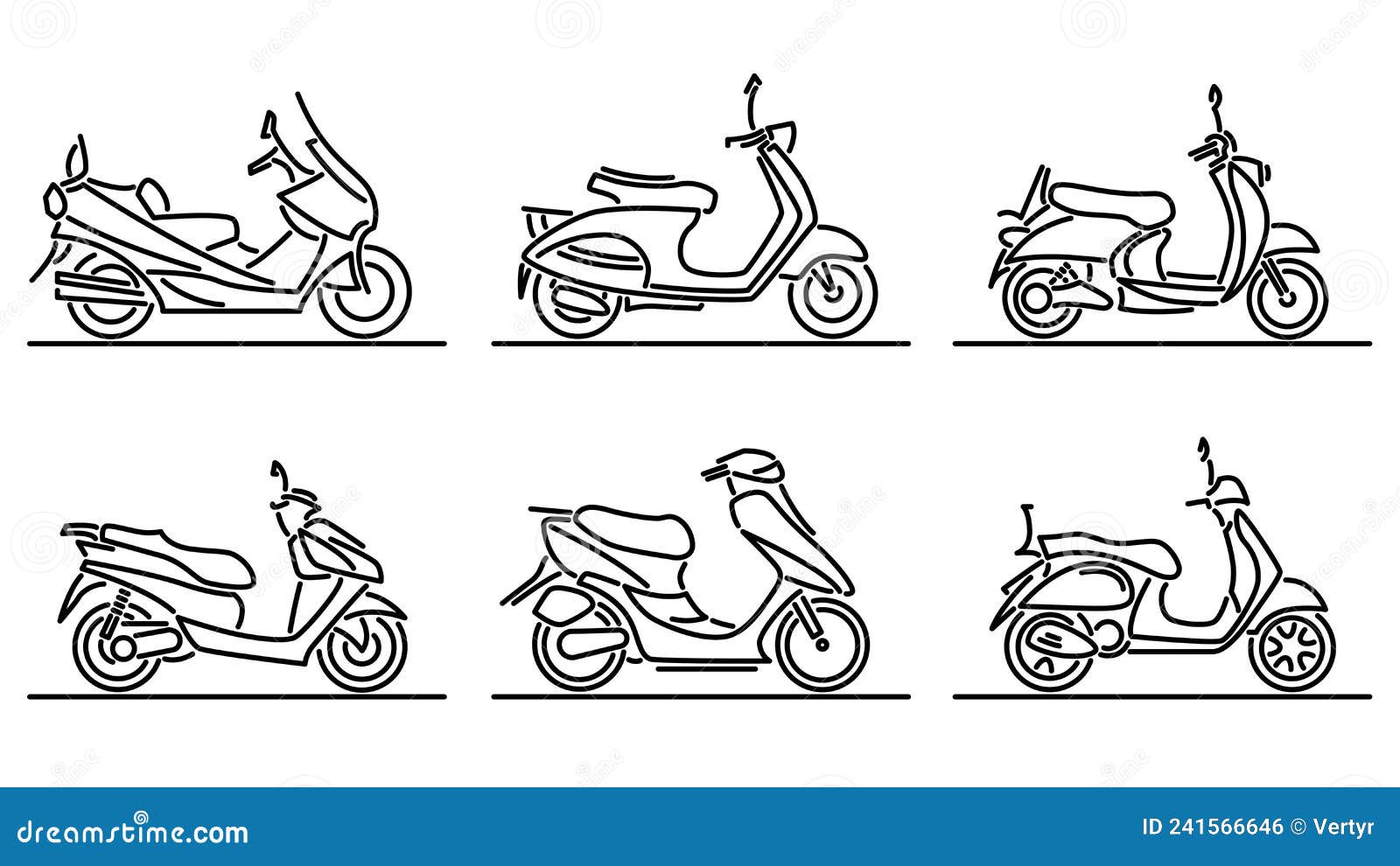 Set of Flat Design Images of Scooters and Mopeds Drawn in Art Line ...