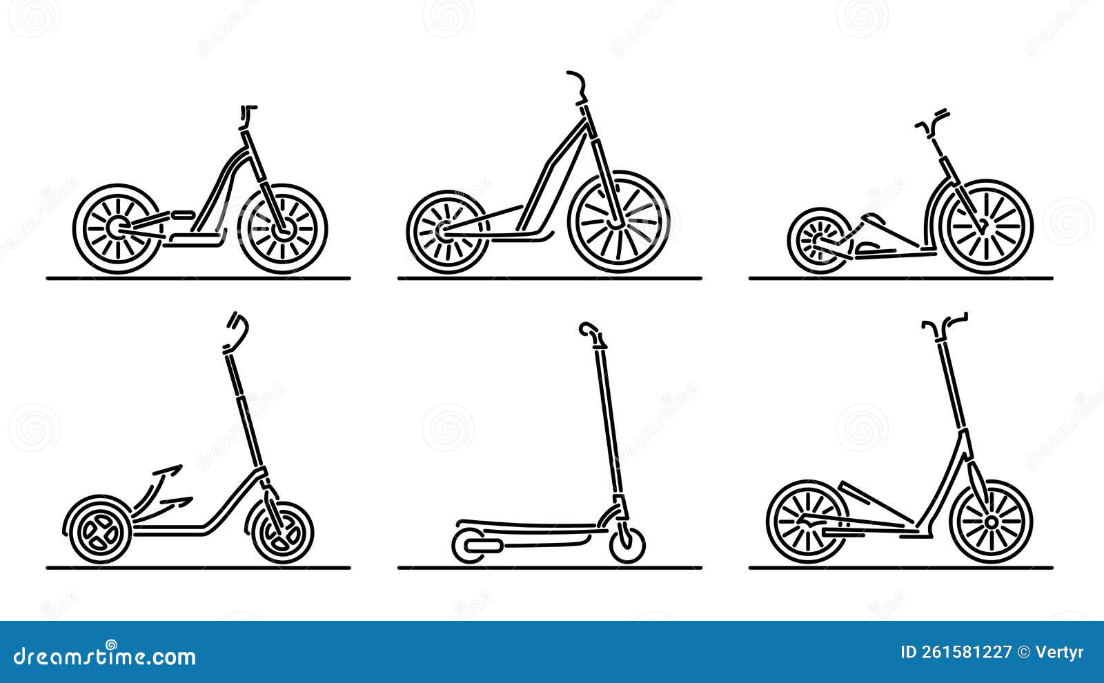 Set of Flat Design Images of Step Scooters Drawn in Art Line Style ...