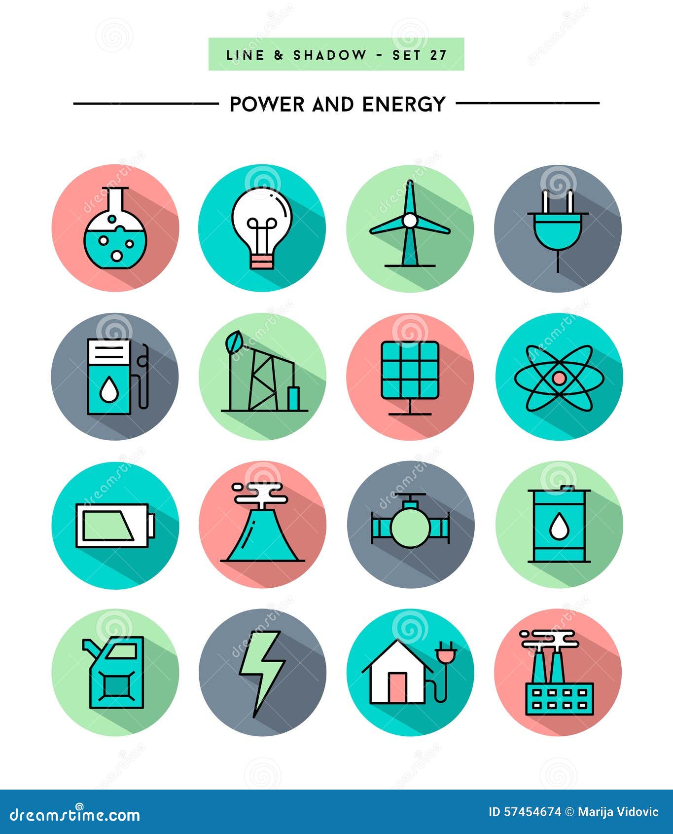 Set of Flat Design,long Shadow, Thin Line Power and Energy Icons Stock ...