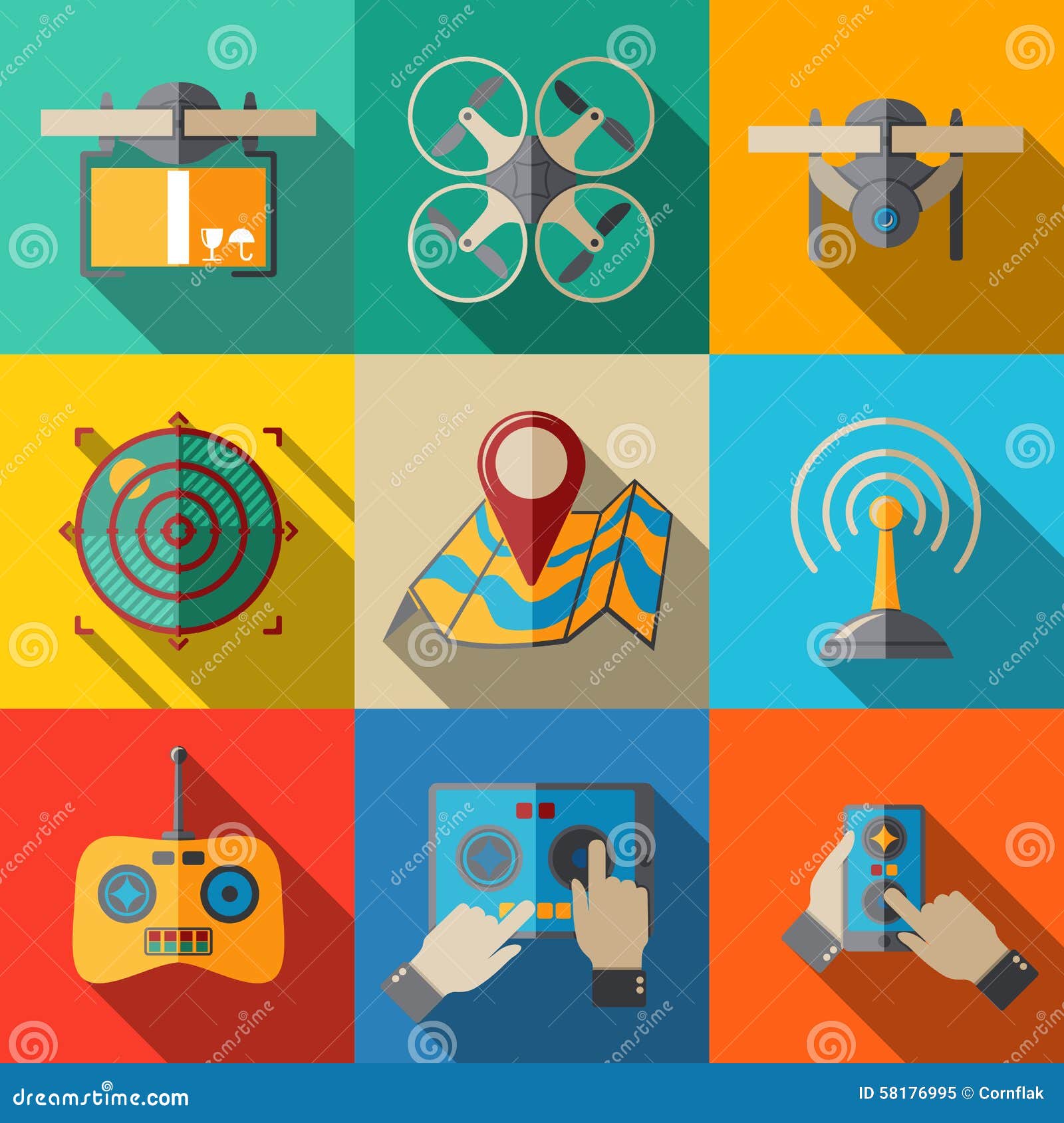 Set of Flat Drone Icons - with Box, Top View Stock Vector ...