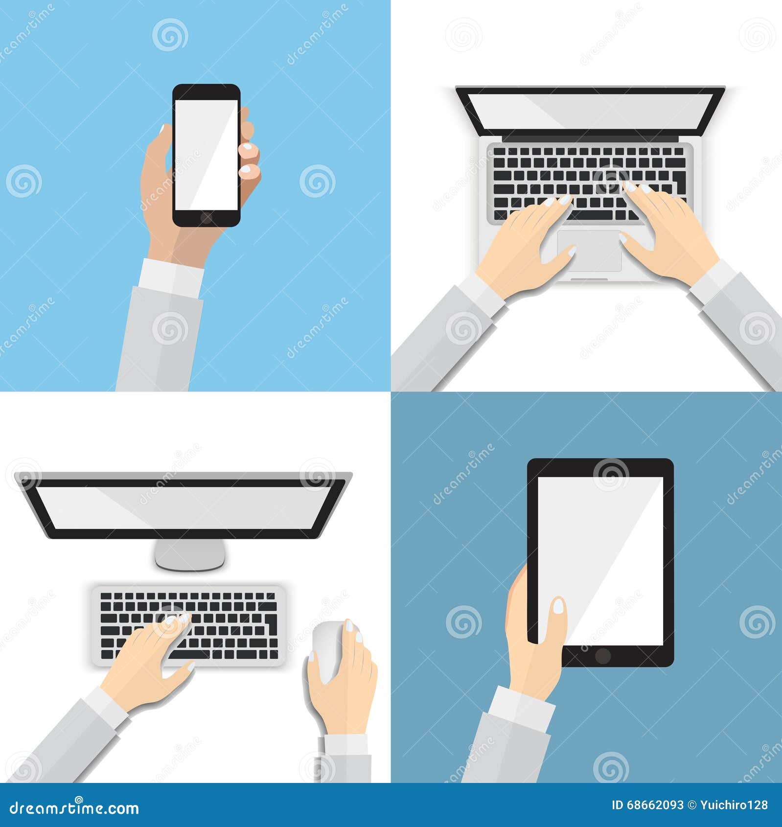 Set of Flat Hand Icons with Various Communication Devices. Using Smart ...