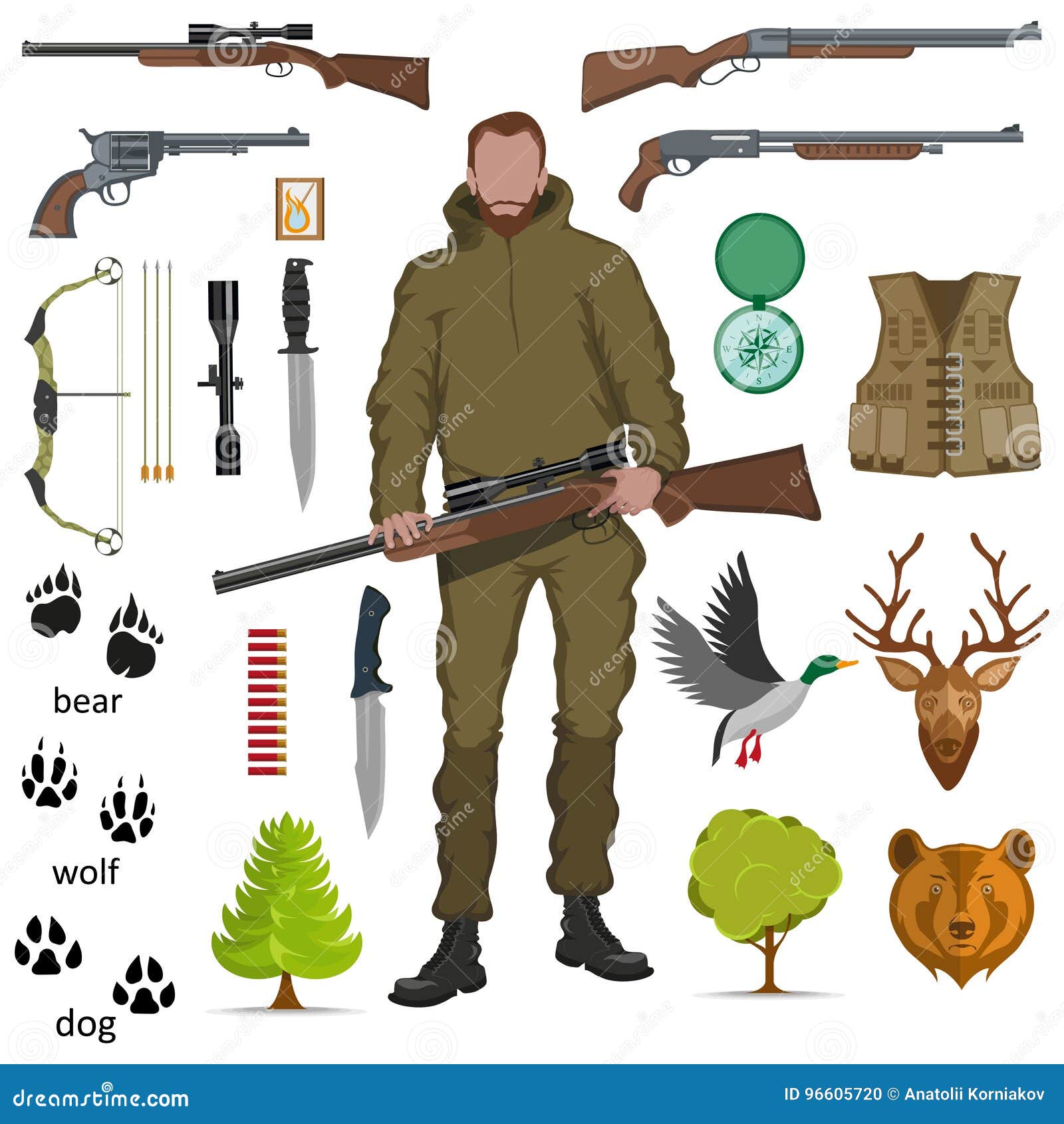 Set of flat hunting icons stock vector. Illustration of camp - 96605720