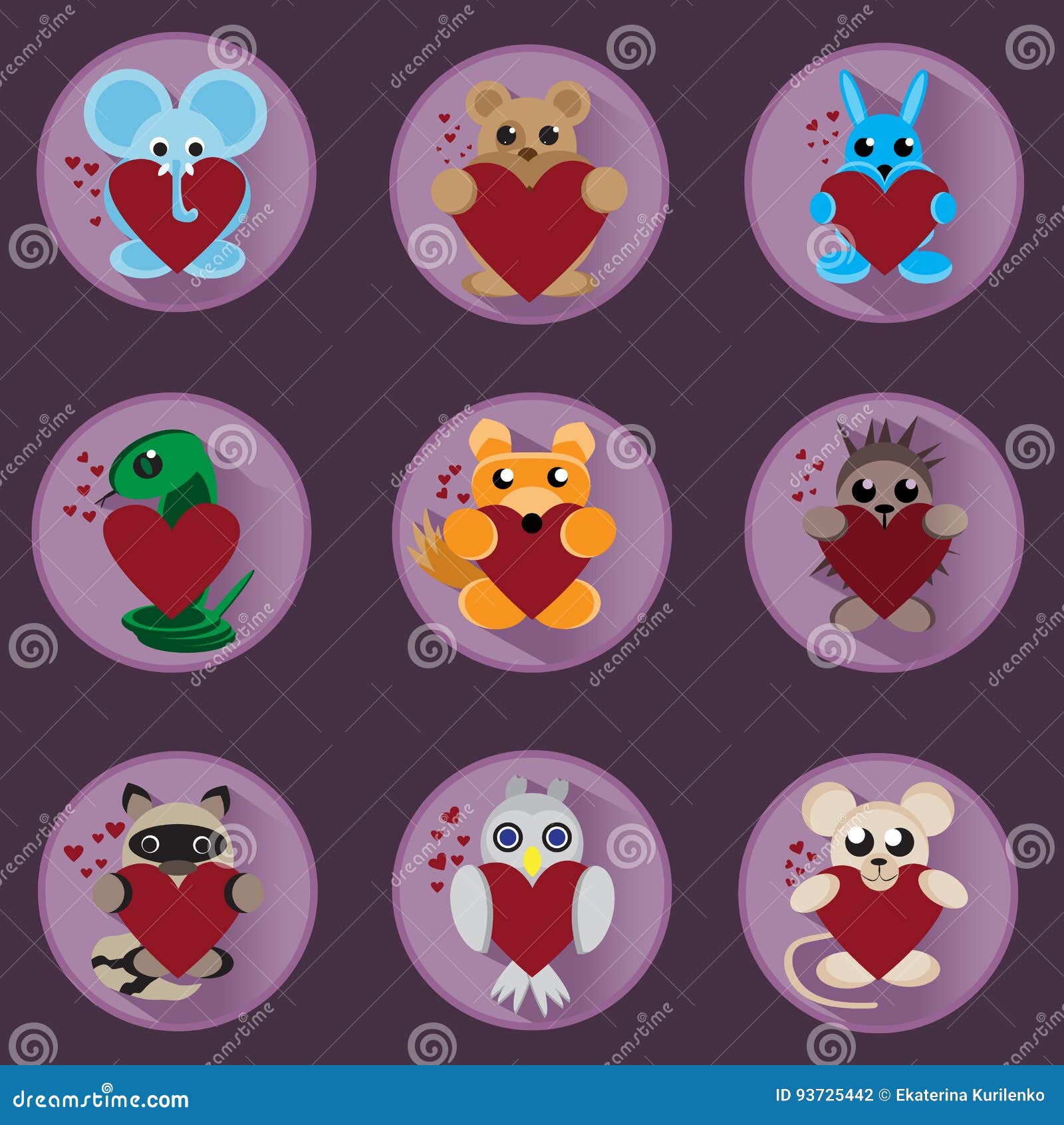 Set of Flat Icons of Animals with Hearts Stock Vector - Illustration of ...