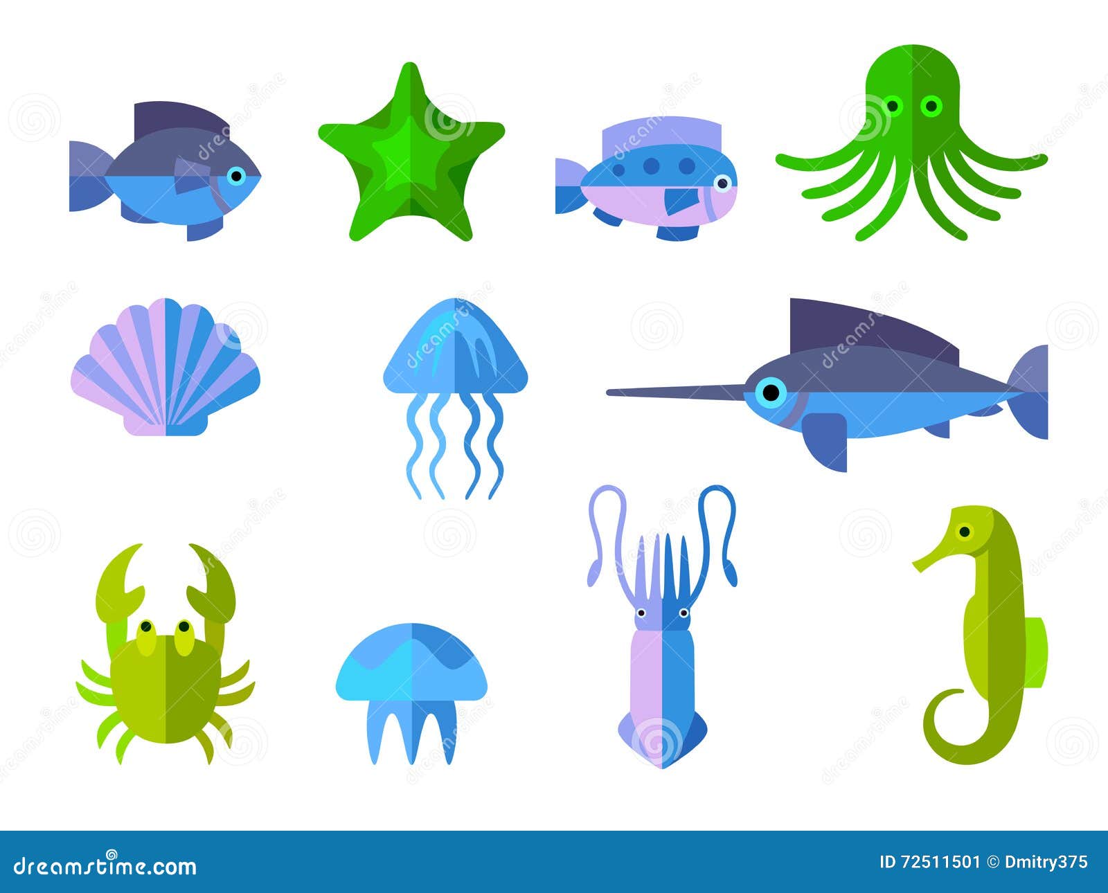 Set of Flat Icons with Aquatic Animals Stock Vector - Illustration of ...