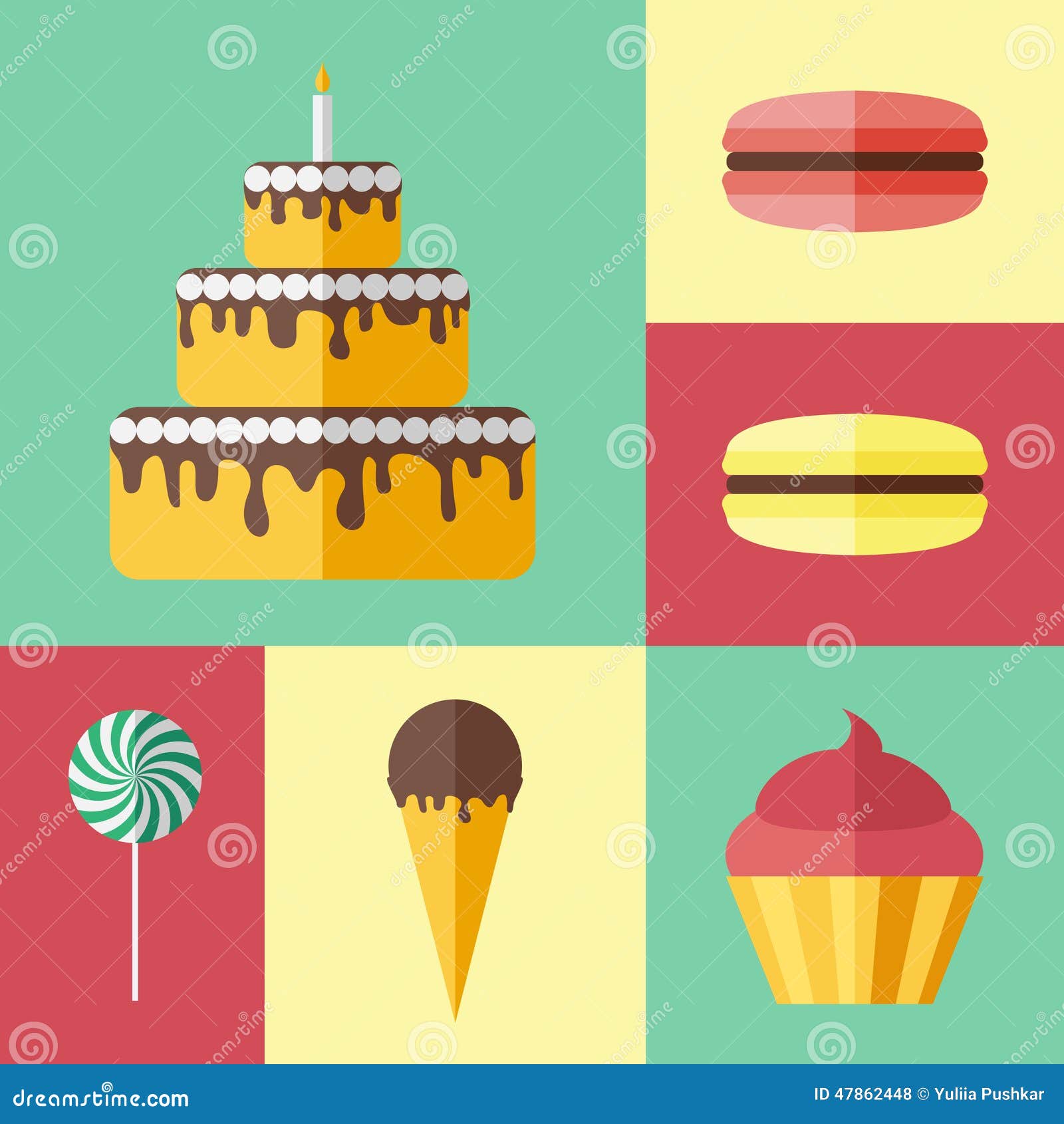 Set of Flat Icons with Different Sweets Stock Vector - Illustration of ...