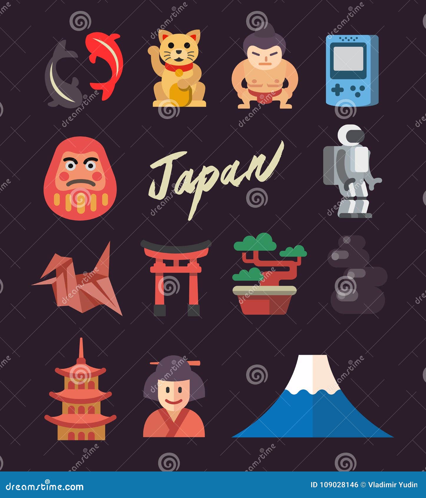 Set of flat Japan icon stock vector. Illustration of nature - 109028146