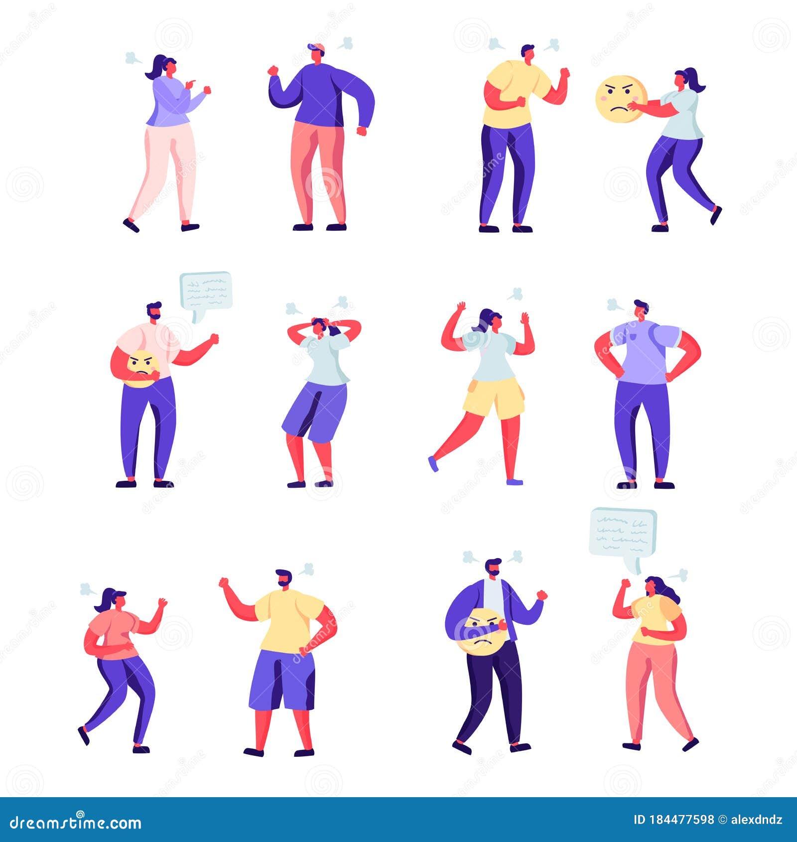 Set of Flat People Angry Expression Characters. Bundle Cartoon People ...