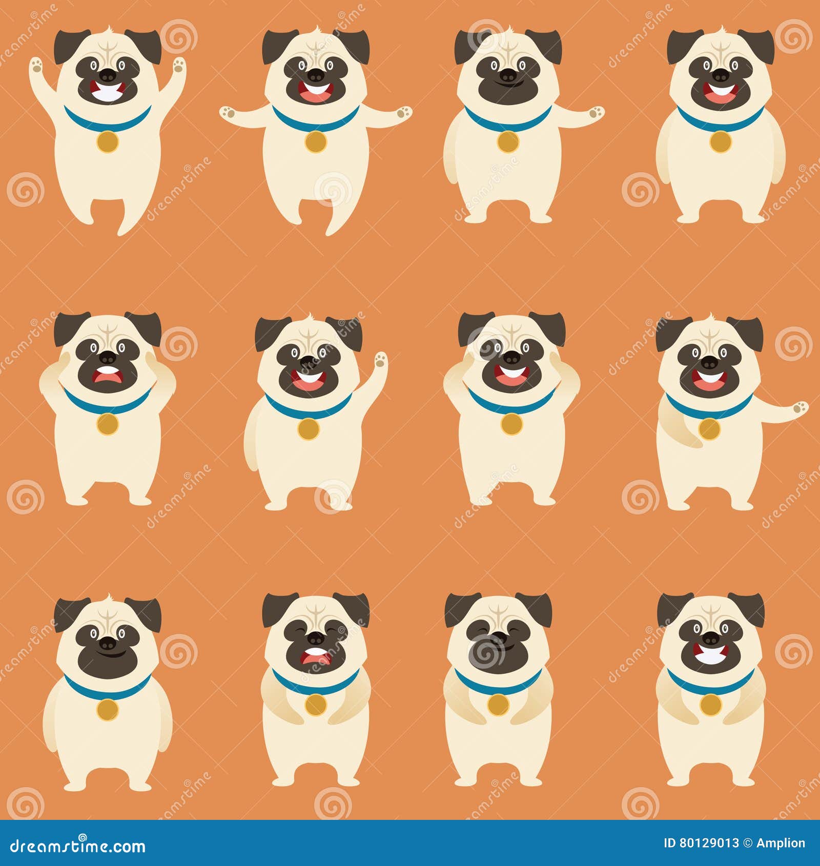 Set of flat pug dog icons stock vector. Illustration of icon - 80129013