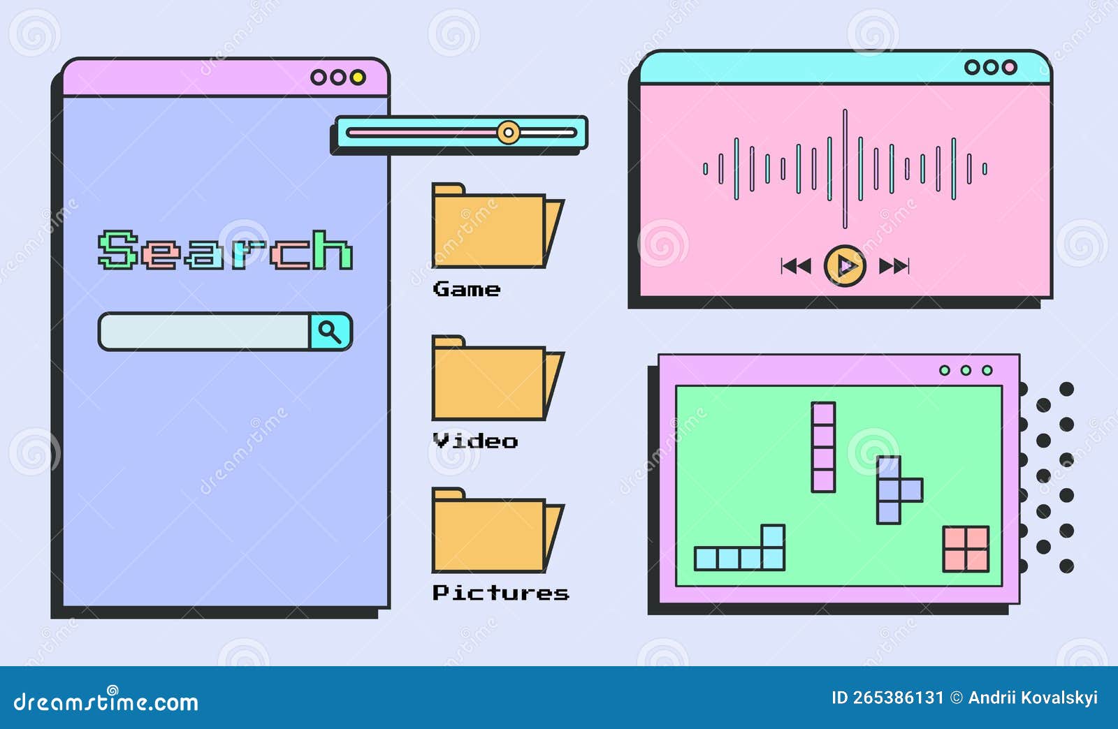 Set of Flat Retrowave UI and UX Elements: Search Window, Folders, Music ...
