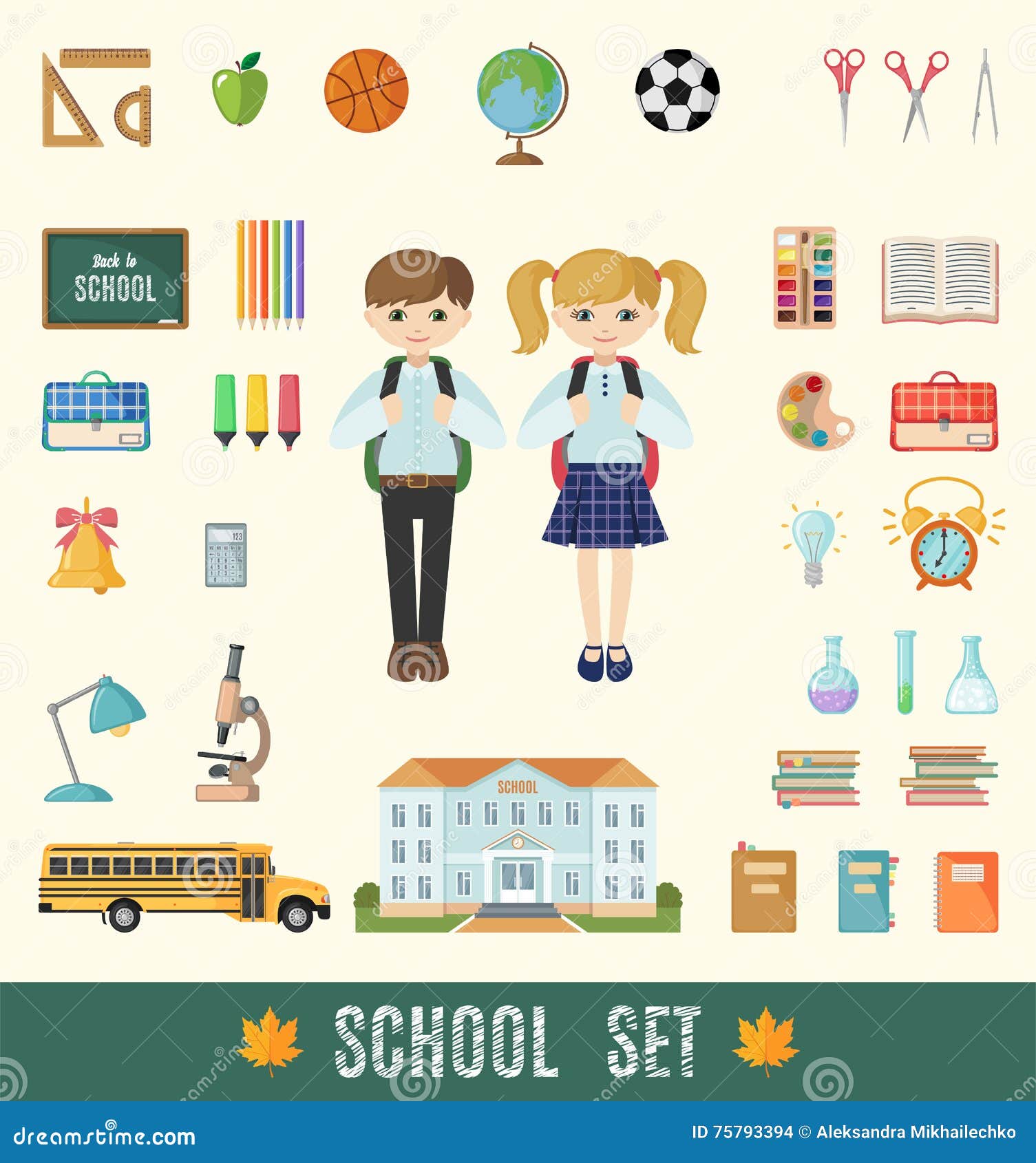 Set of flat school icons stock vector. Illustration of paintbrush ...