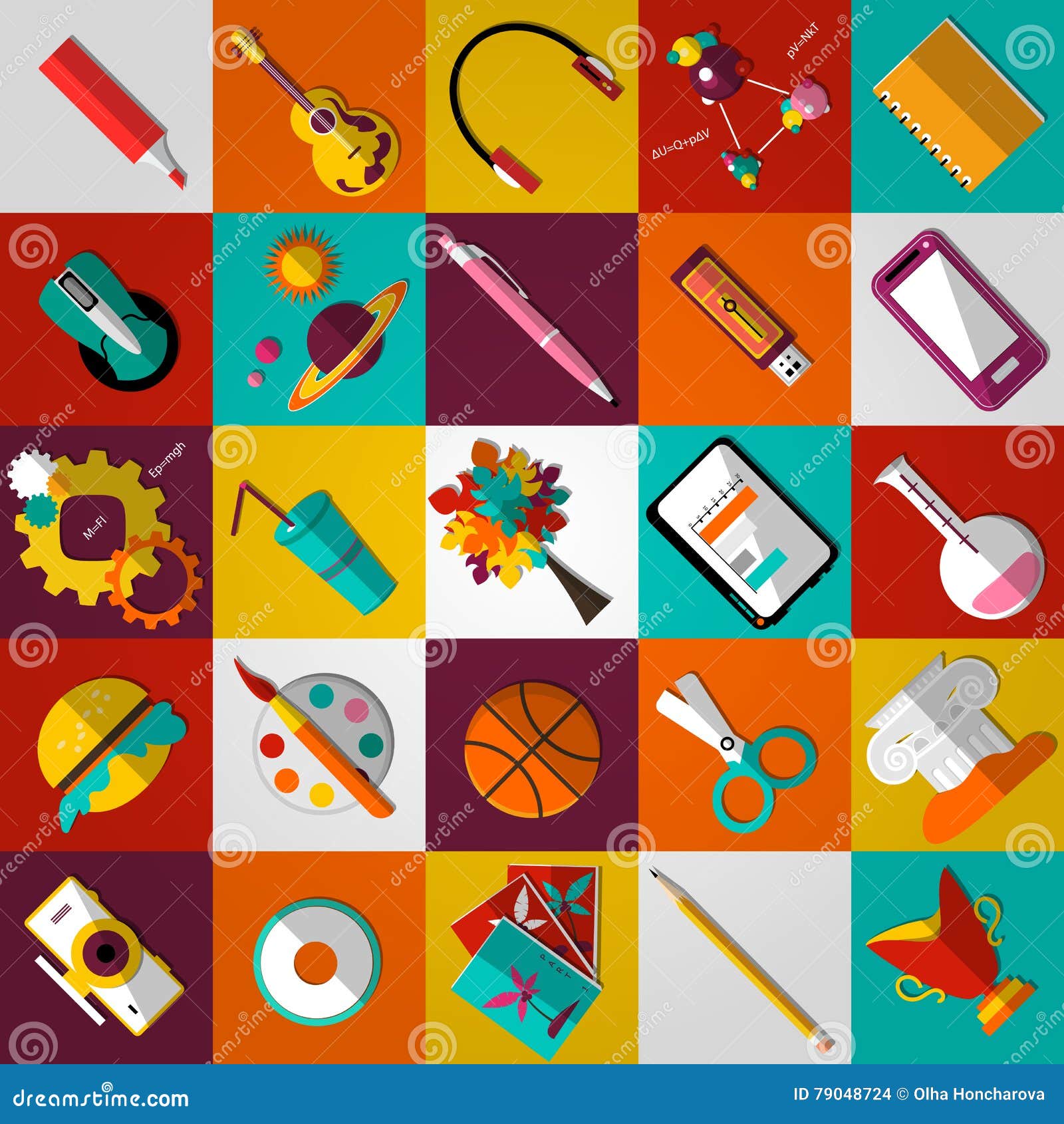 Set of flat school icons stock vector. Illustration of headphones ...