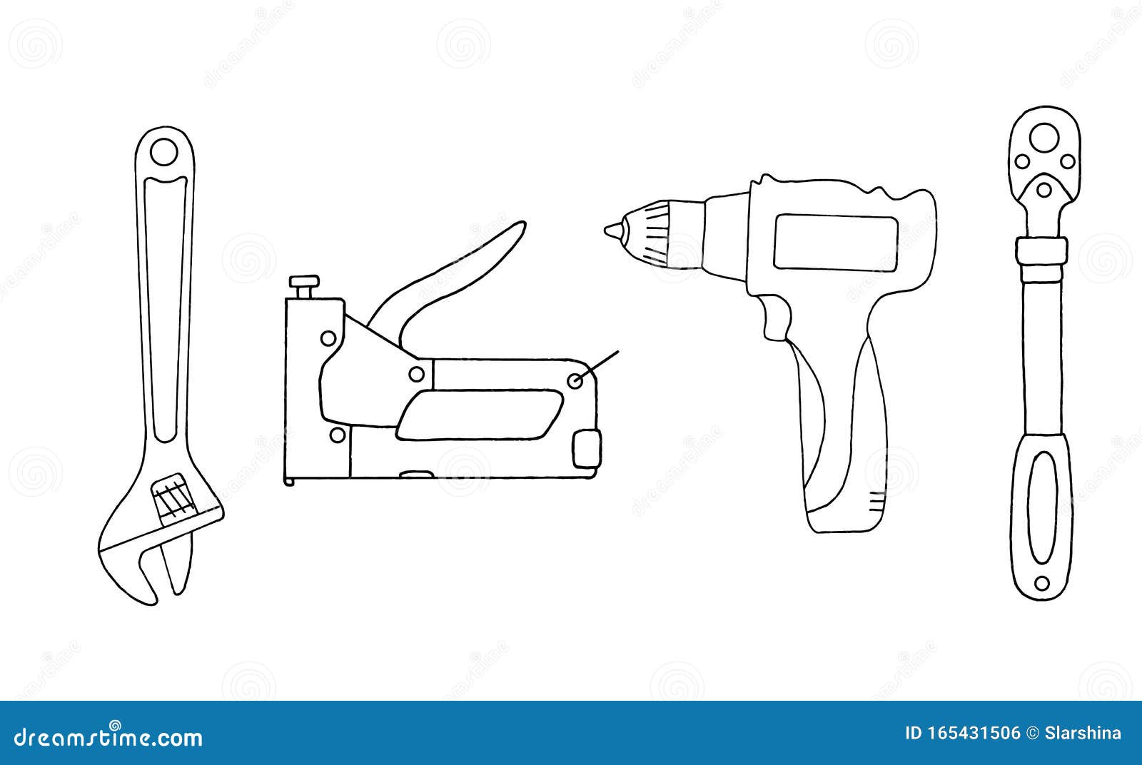 Set of 4 Flat and Simple Icons of Tools Drawing with Black Lines on ...