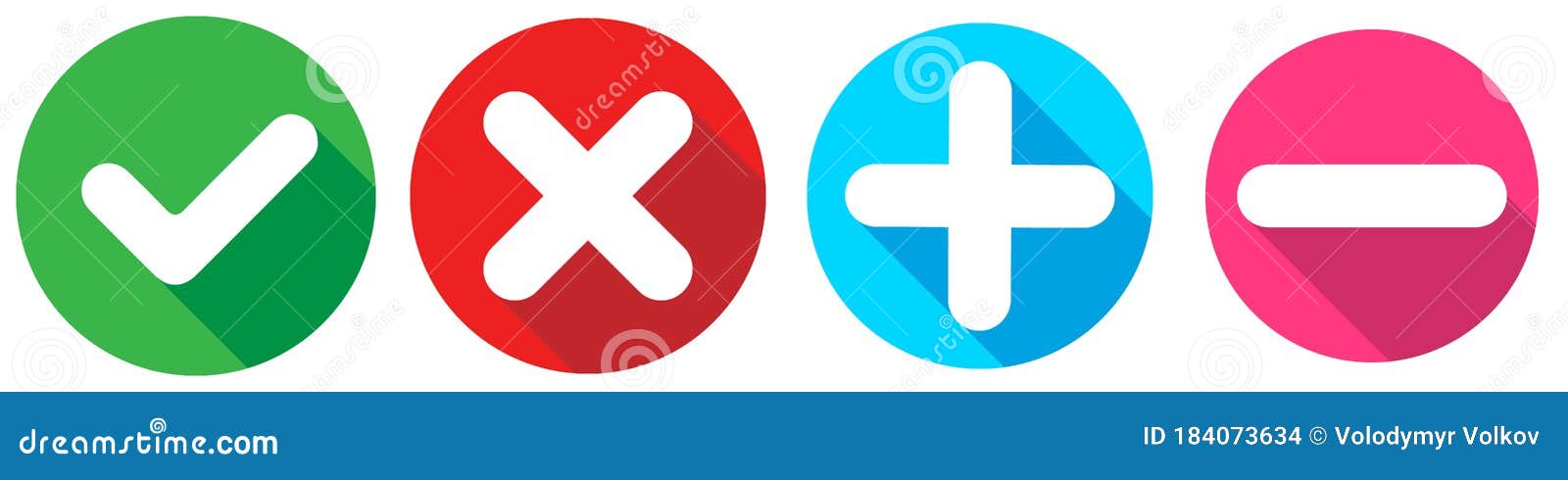 Set of Flat Square Check Mark, X Mark, Plus Sign and Minus Sign Icons ...