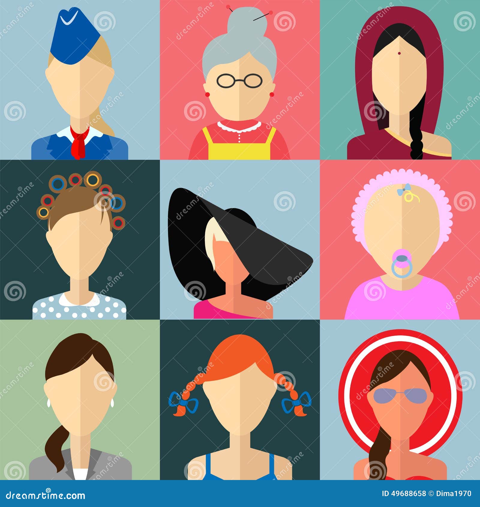 Set of Flat Style Female Characters Stock Vector - Illustration of ...