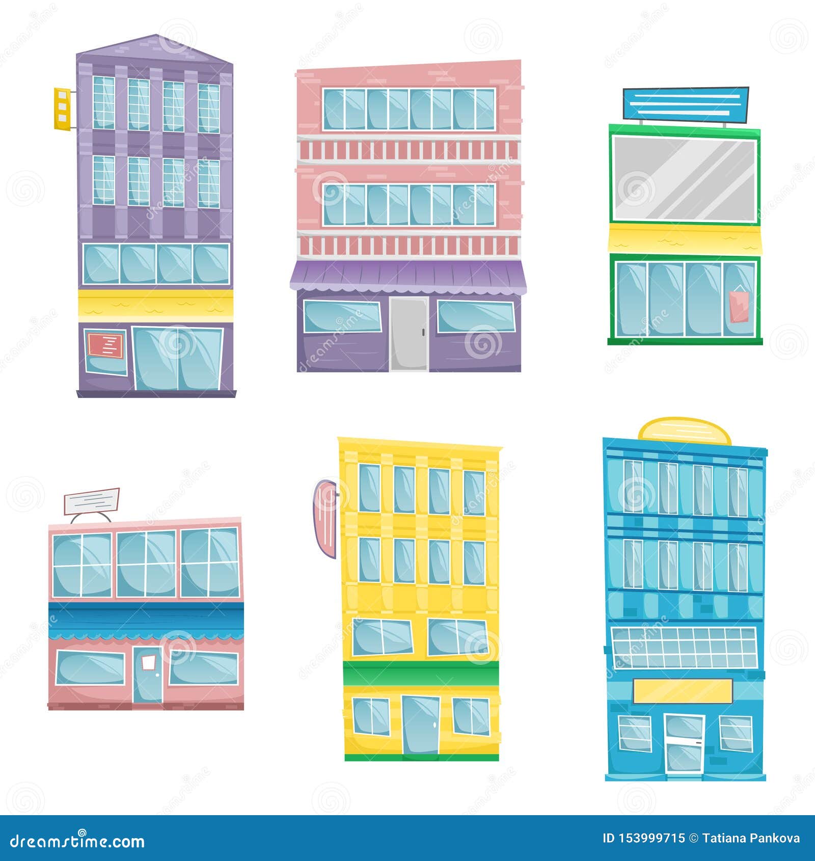 Set of Flat Vector Buildings in Cartoon Style. Six Bright Architectural ...