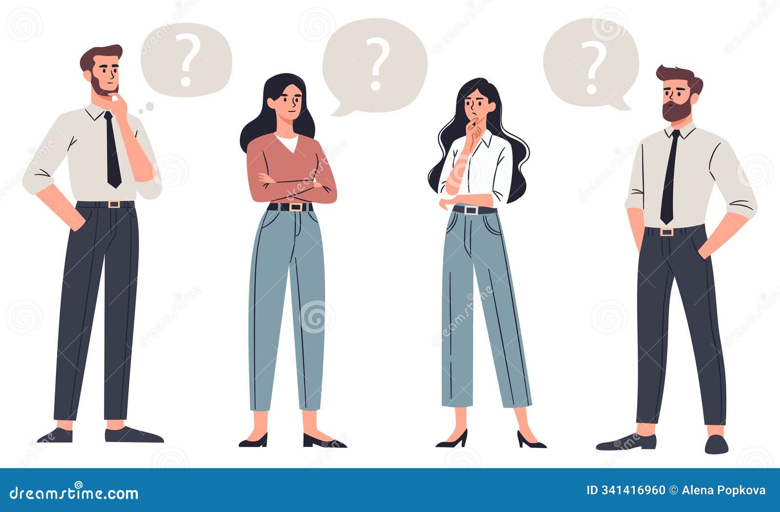 Set of Flat Vector Illustrations. People, Men and Women in Pensive ...
