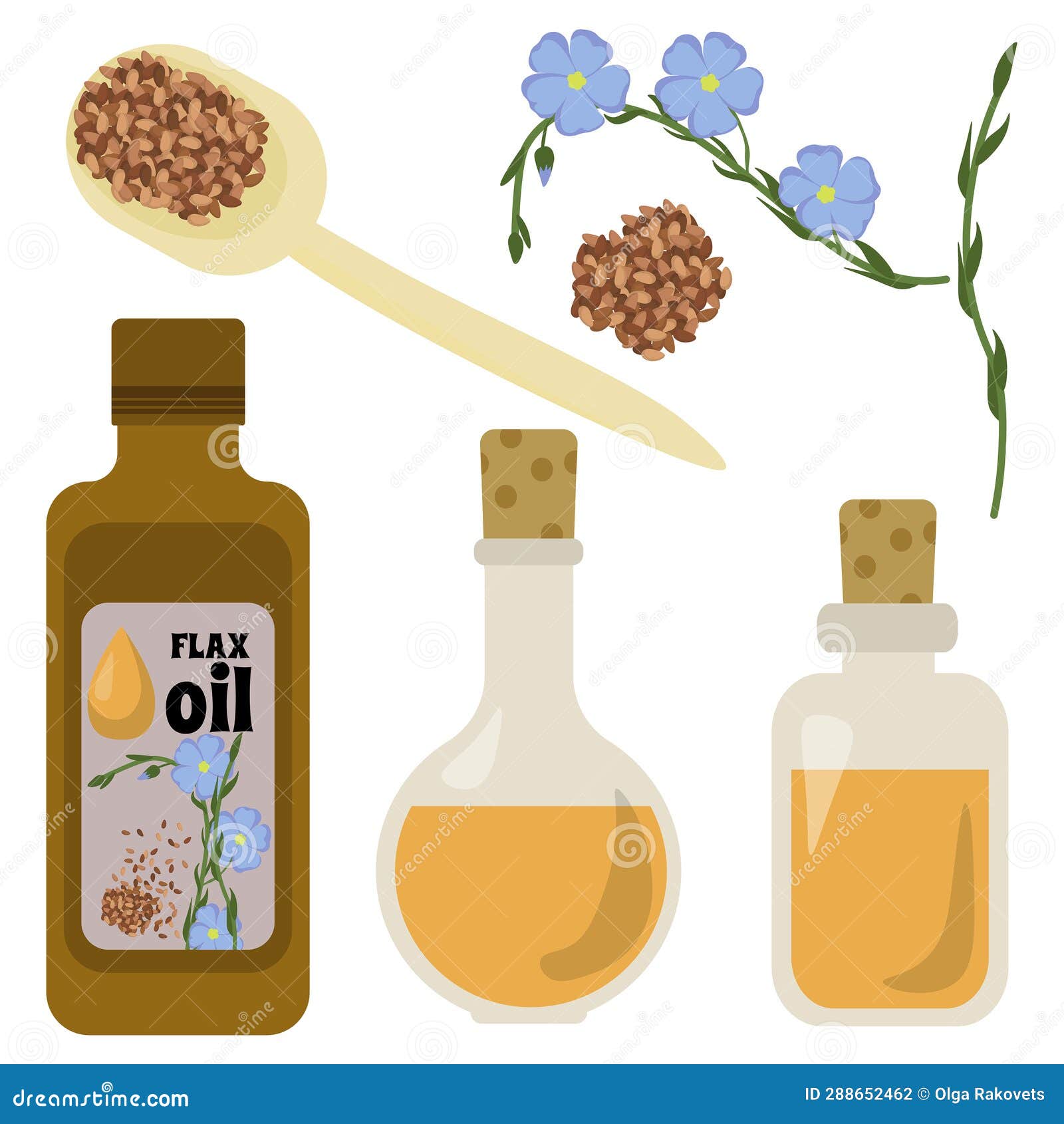 Set of Flax Oil in Bottles and Flasks, Flowers and Flax Seeds Stock ...