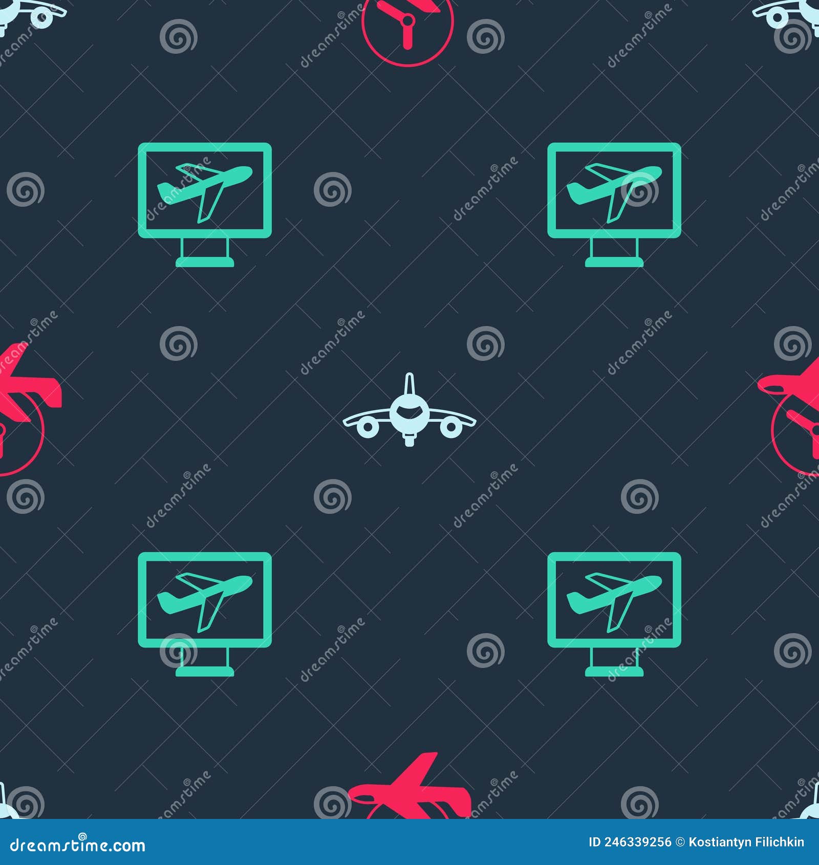 Set Flight Time, Plane and on Seamless Pattern. Vector Stock Vector ...