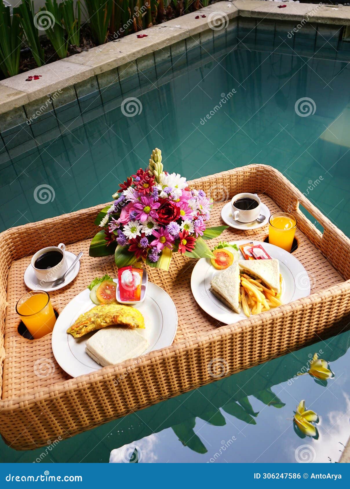 Set of Floating Breakfast Tray in Swimming Pool. Breakfast in Swimming ...