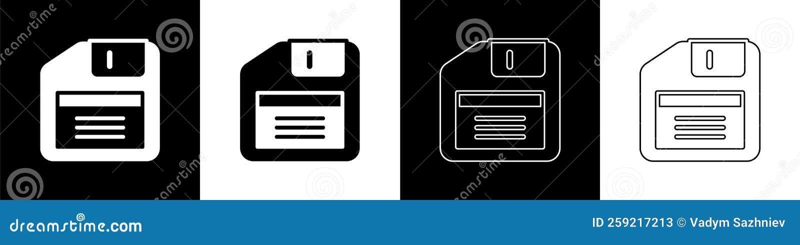 Set Floppy Disk for Computer Data Storage Icon Isolated on Black and ...
