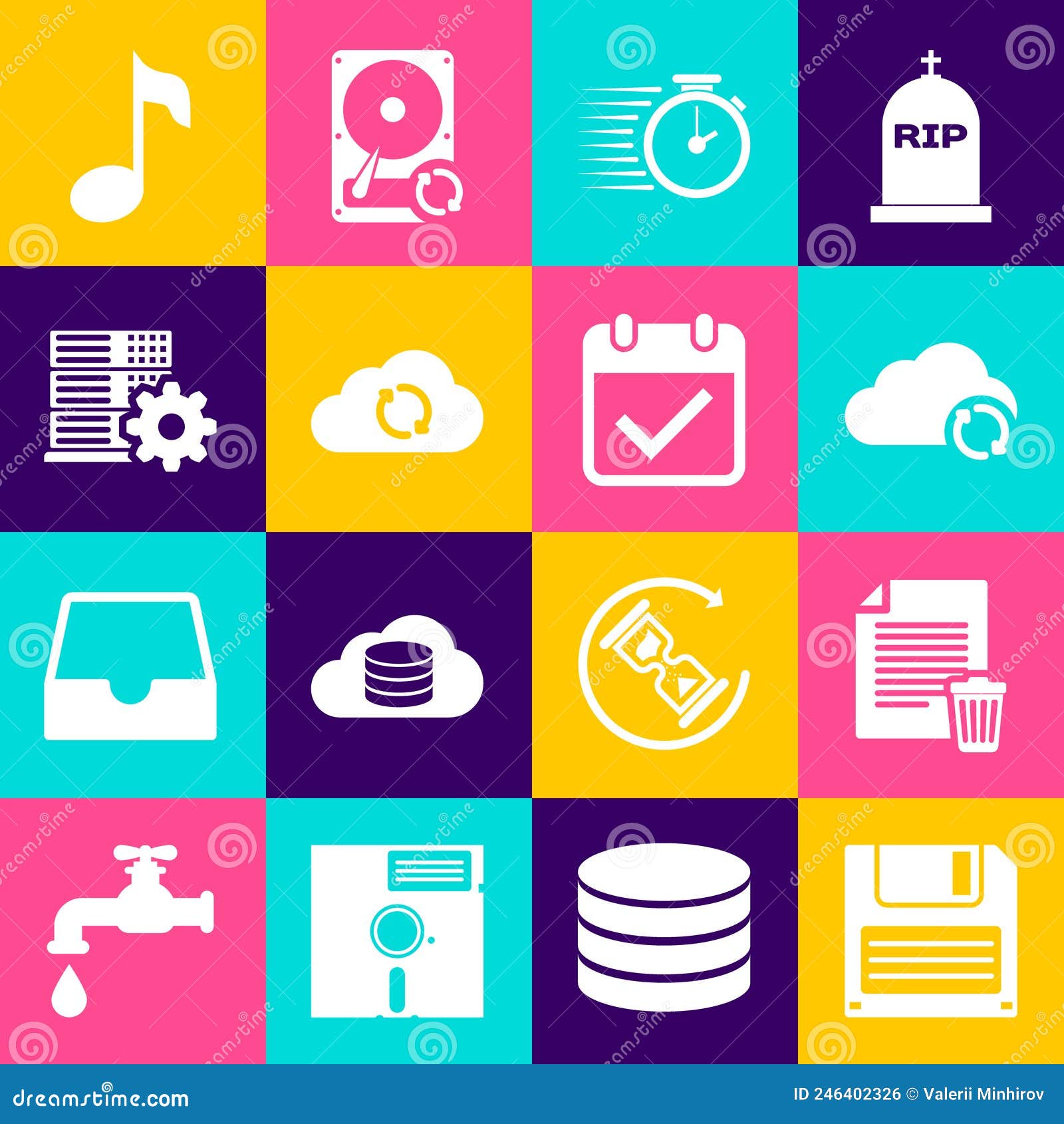 Set Floppy Disk, Delete File Document, Cloud Sync Refresh, Stopwatch, and Server Setting Icon ...