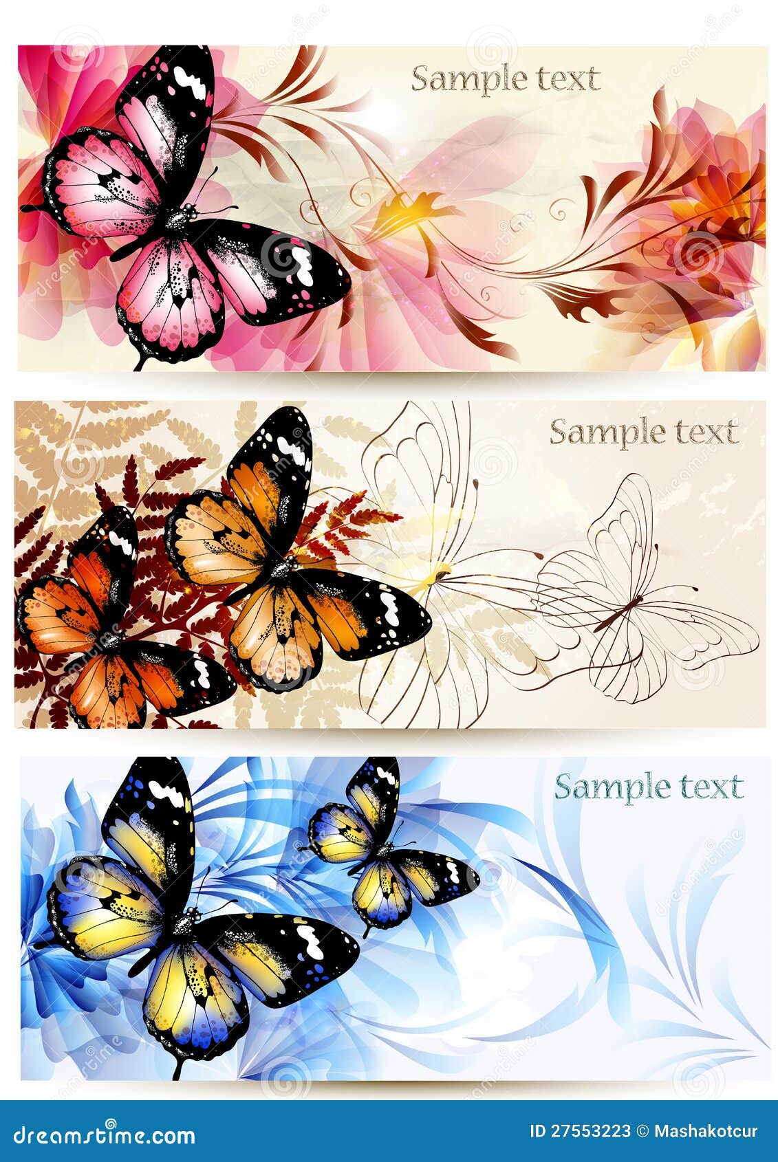 Set of Floral Banners with Butterflies Stock Vector - Illustration of ...