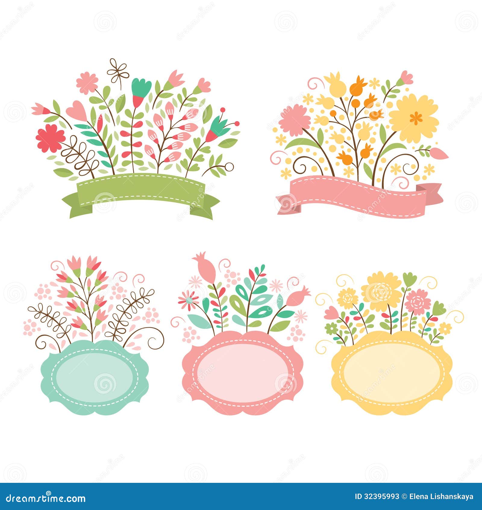 Set of Floral Bouquets and Frames Stock Vector - Illustration of doodle ...