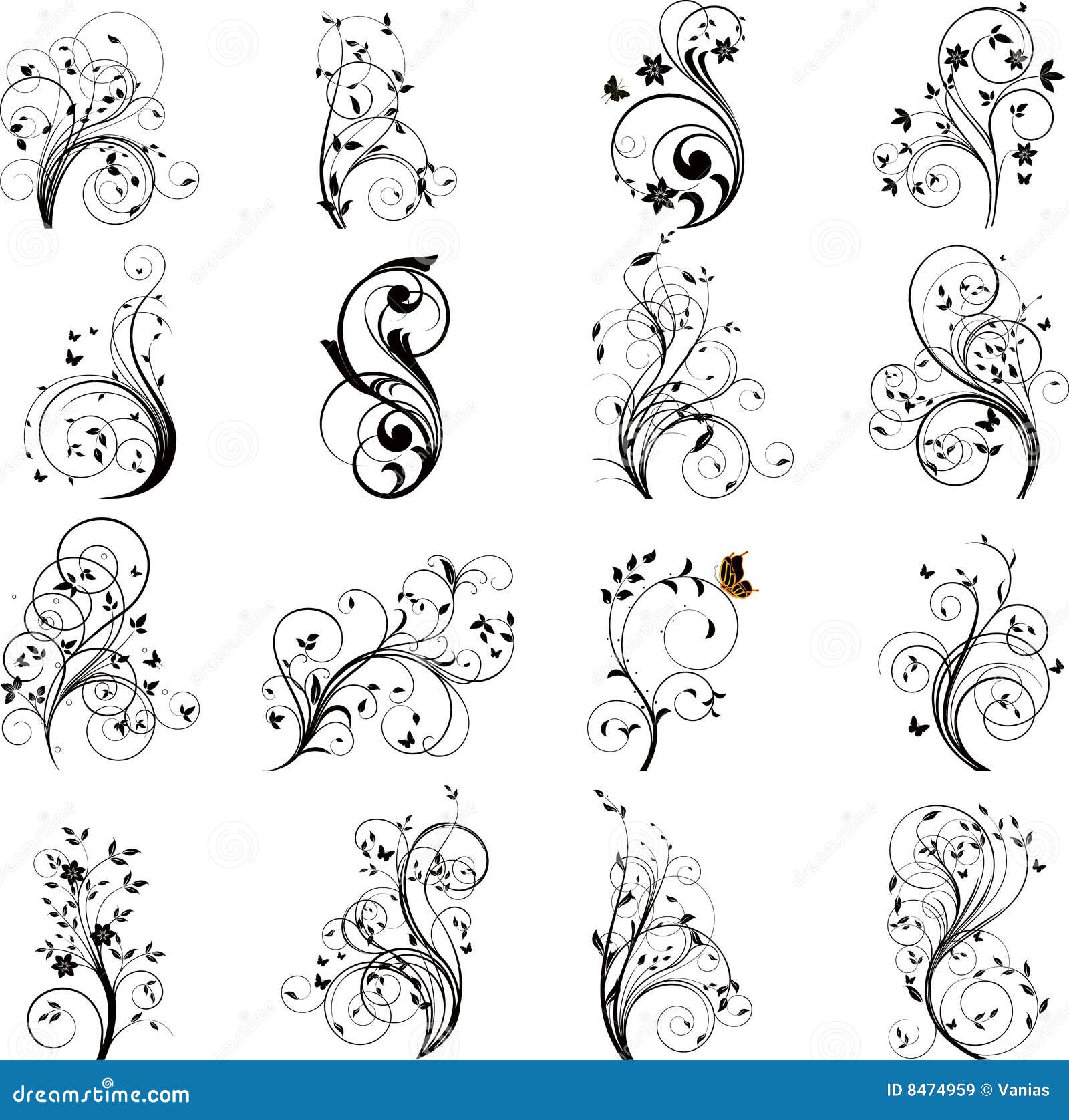 Set of Floral Elements Vector Stock Vector - Illustration of swirl ...